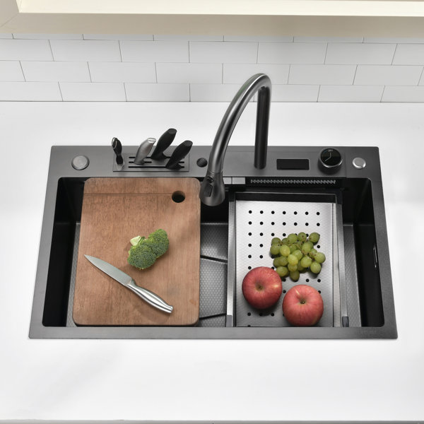 Lefton 304 Stainless Steel Waterfall Kitchen Sink Set, Grey, KS2204-2B ...