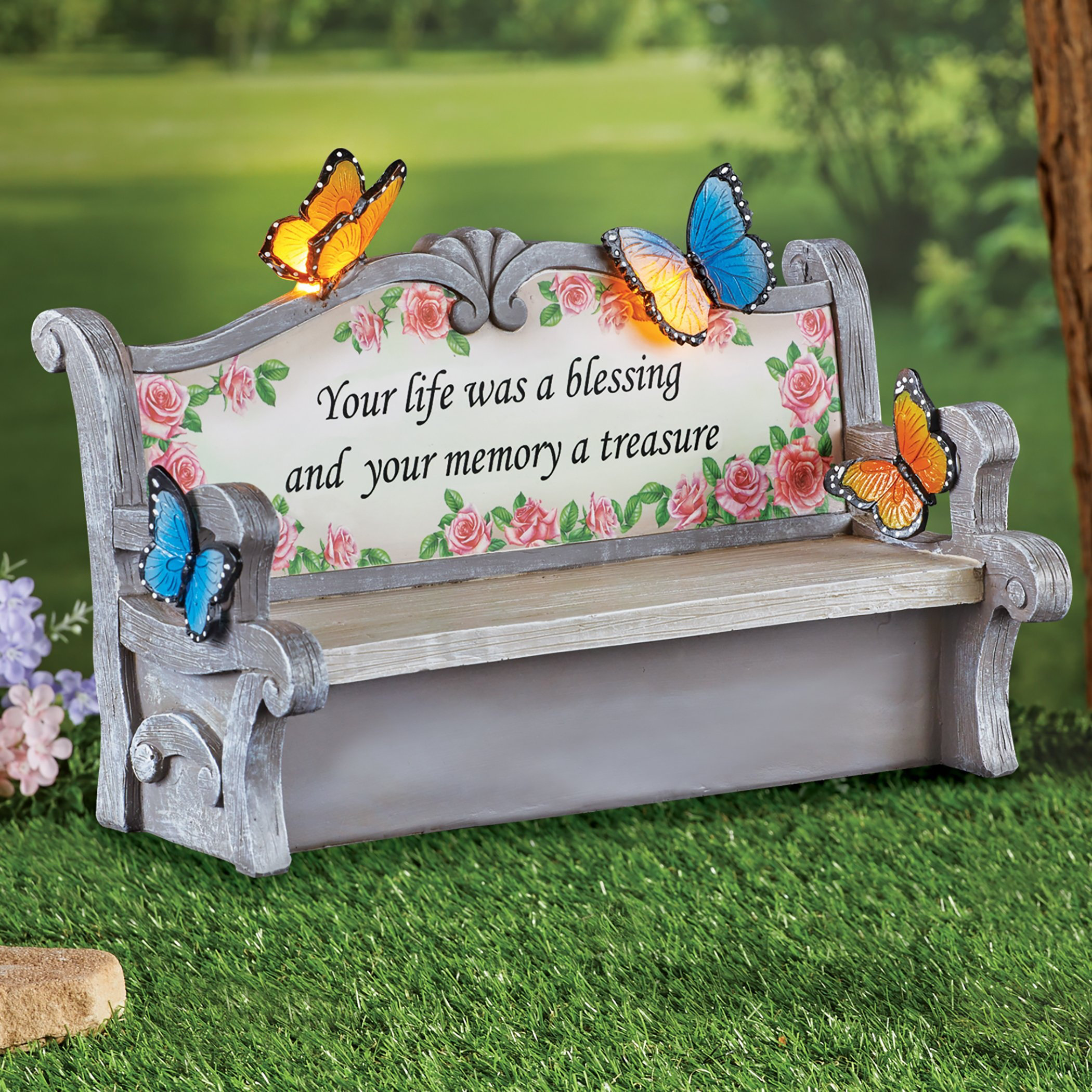 Arlmont & Co. Hand-Painted Solar Powered Butterflies Memorial Bench ...