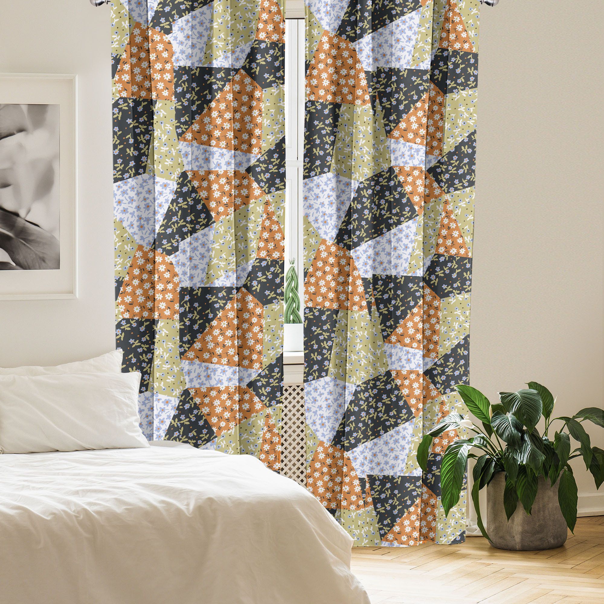 East Urban Home Spring Curtains Flowers Colorful Geometric Pair Pale ...