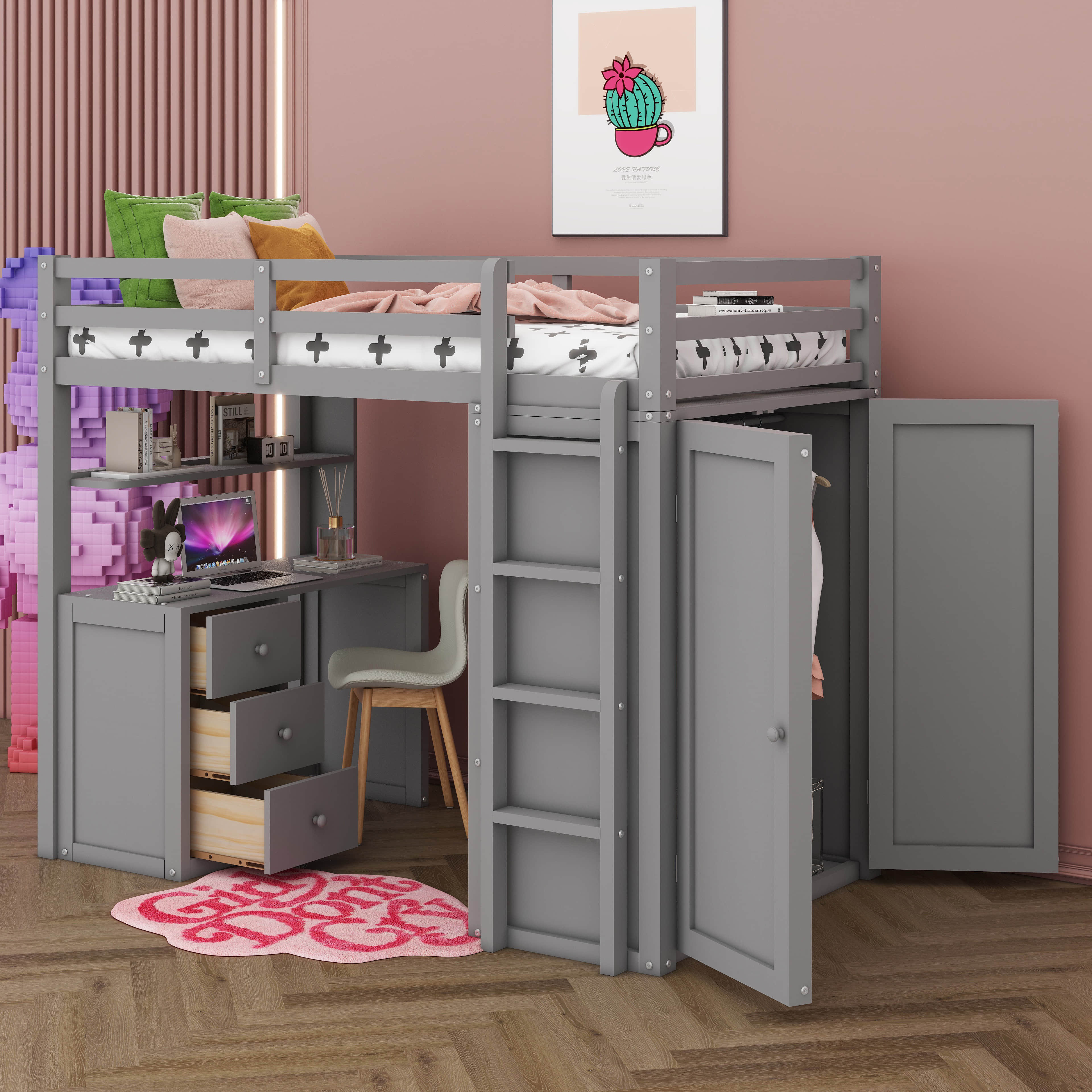 Latitude Run® Elegant Loft Bed Featuring Drawers Workspace Desk ...