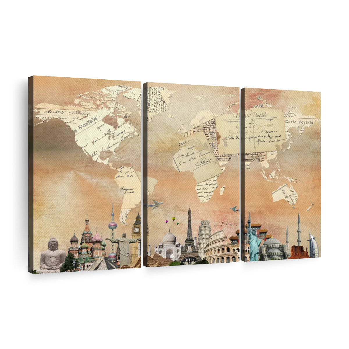 Trinx Postcard World Map On Canvas 3 Pieces Set | Wayfair
