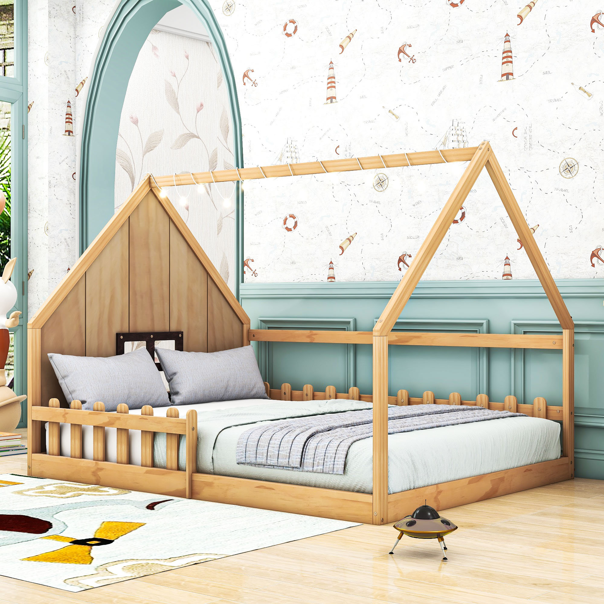 Harper Orchard Ariagna Rustic Full Size Wood House Bed with Fence and ...