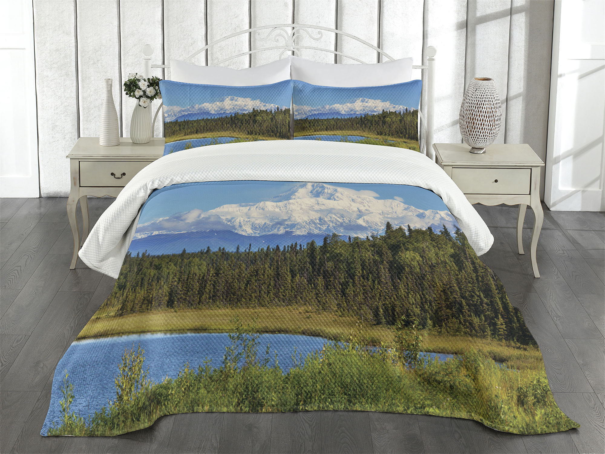 Ambesonne Alaska Bedspread Set Snow Covered Mountain Forest Green White Blue | Wayfair