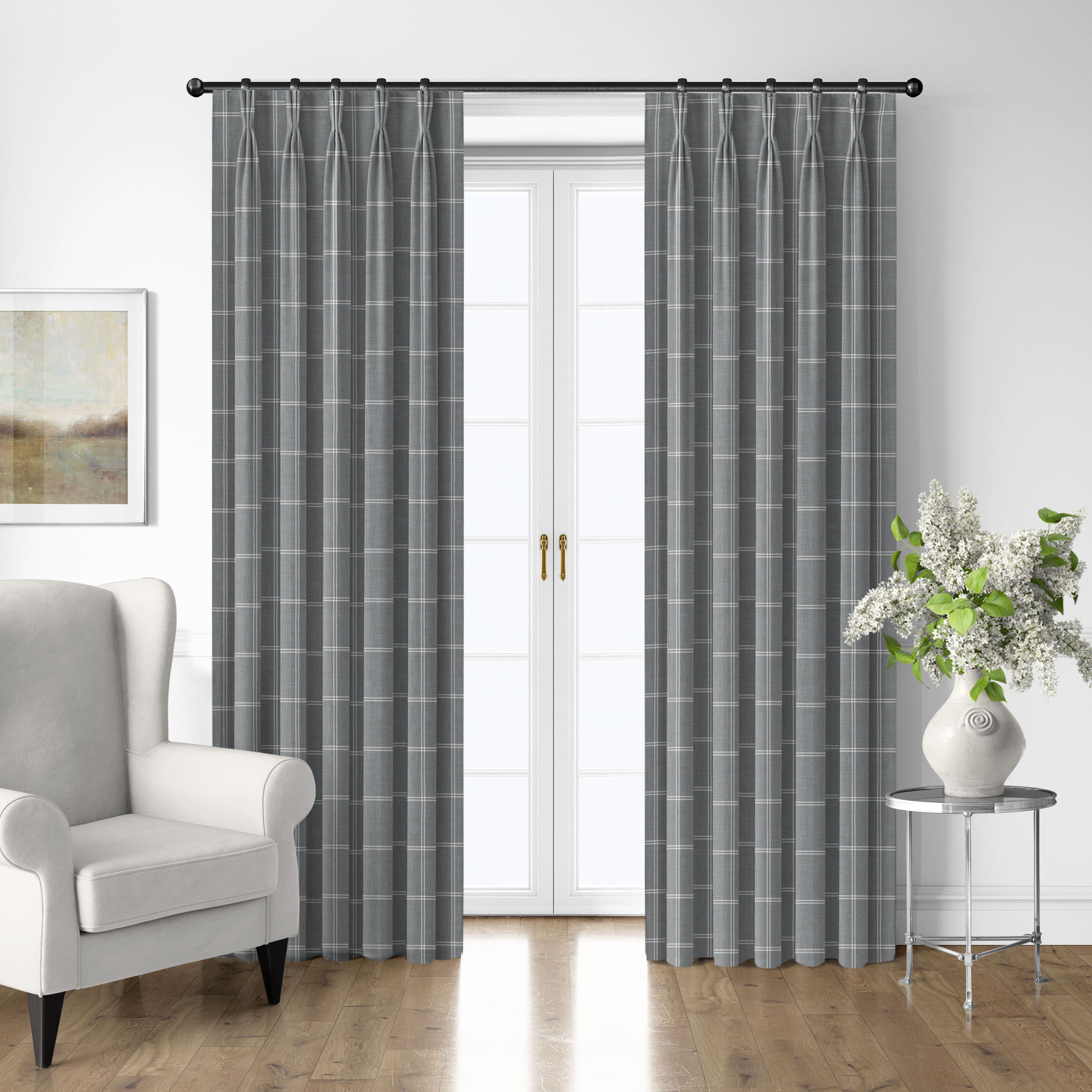 6ix Tailors Fine Linens Shay Window Pane Gray Cotton Pinch Pleat ...