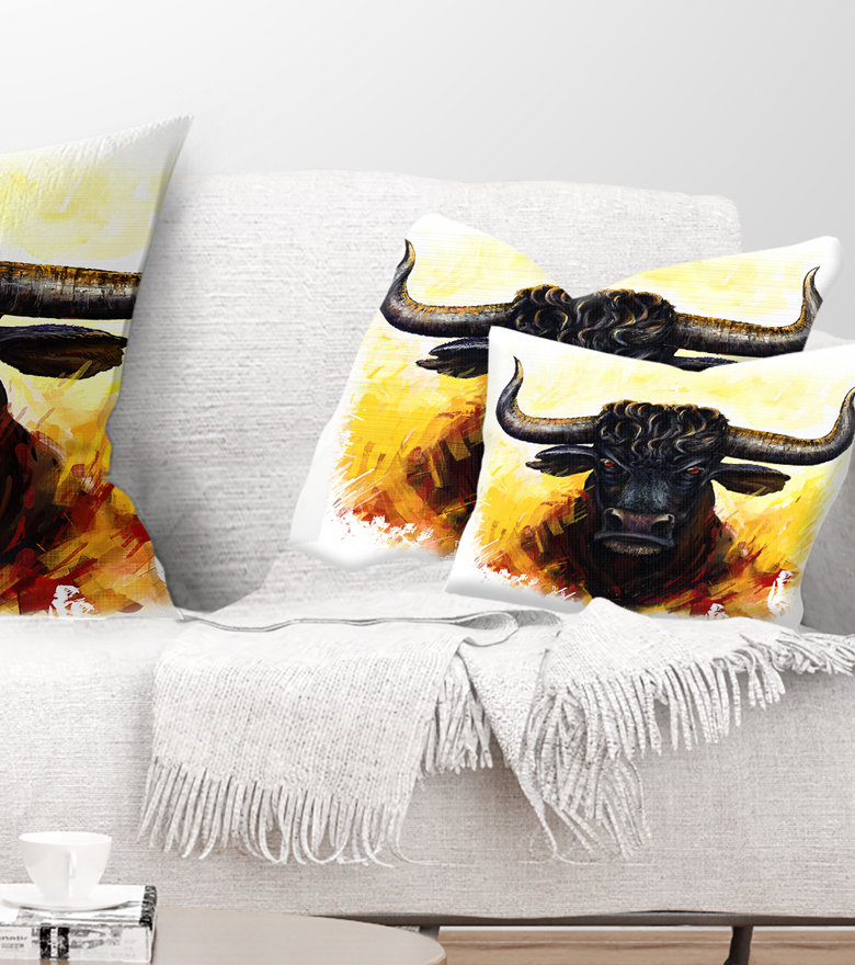 Design Art Fierce Bull - Animal Printed Throw Pillow | Wayfair