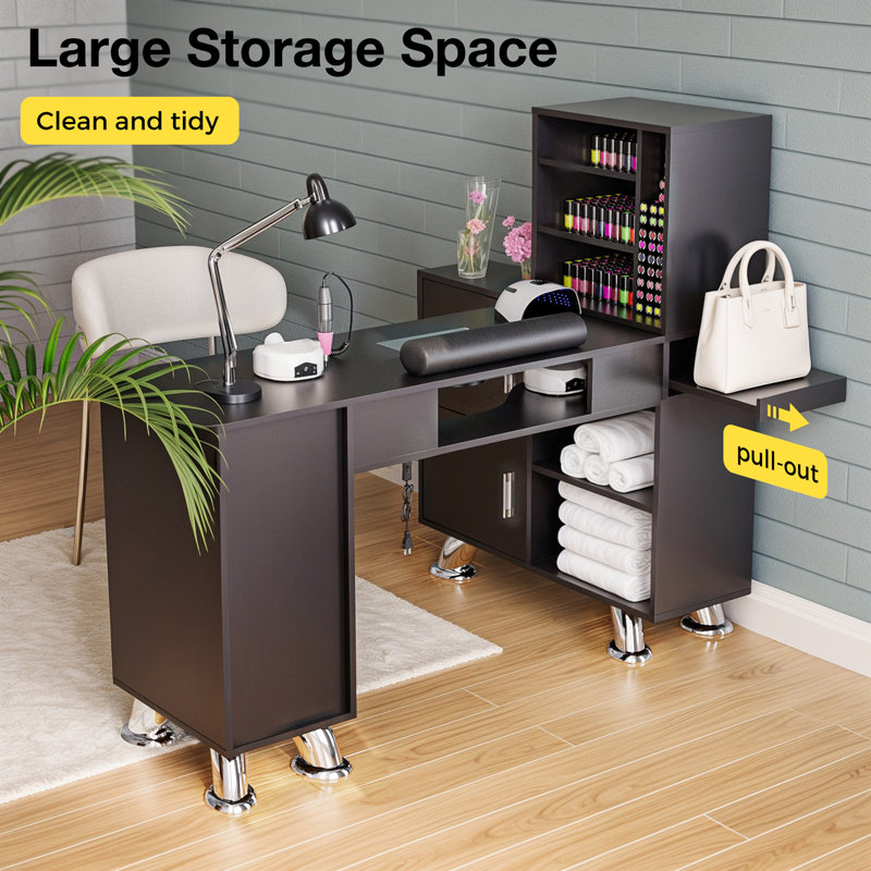 Hokku Designs Avriel L-Shaped Manicure Table with Drawers and Shelves ...