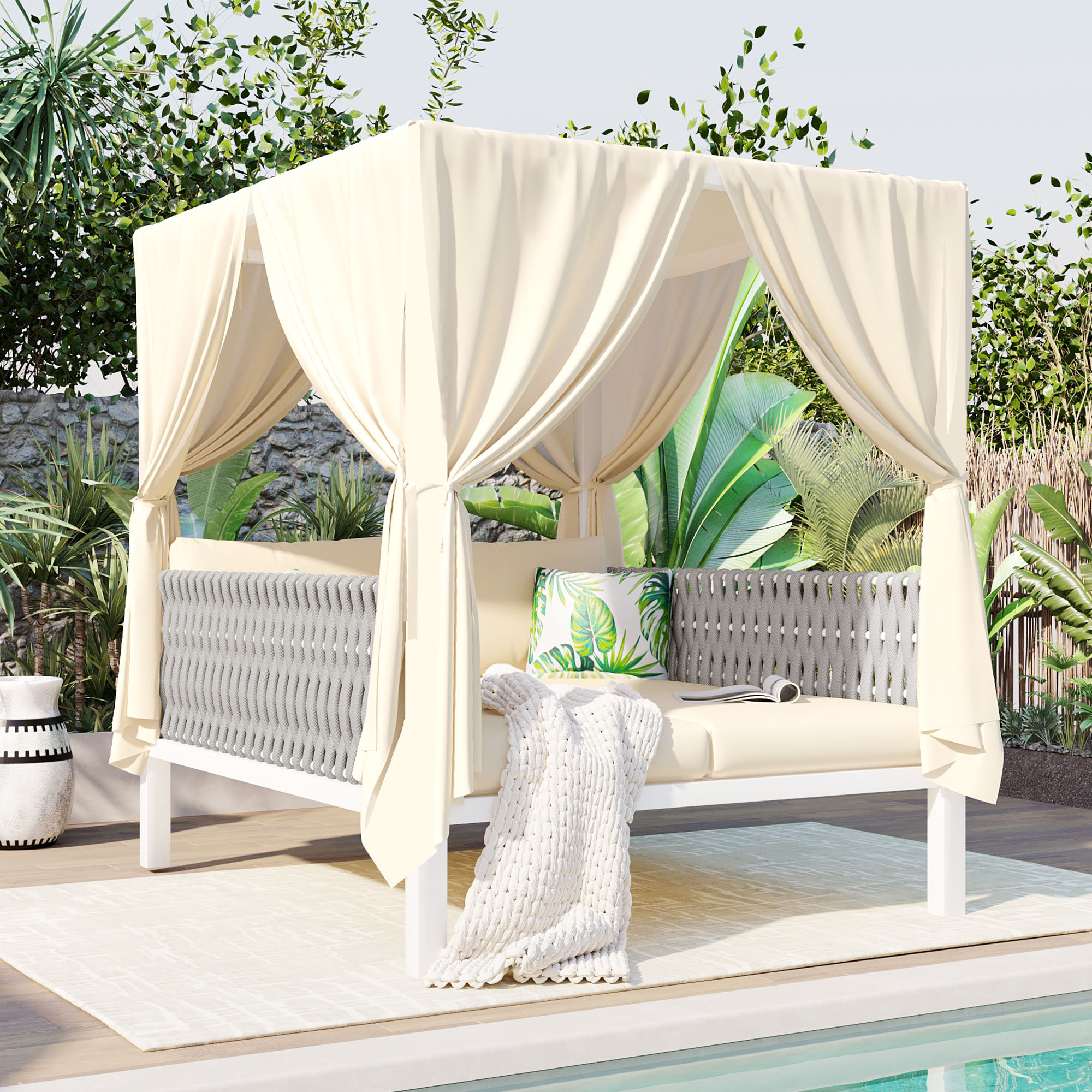Dakota Fields Outdoor Patio Sunbed with Curtains, High-Comfort Design ...