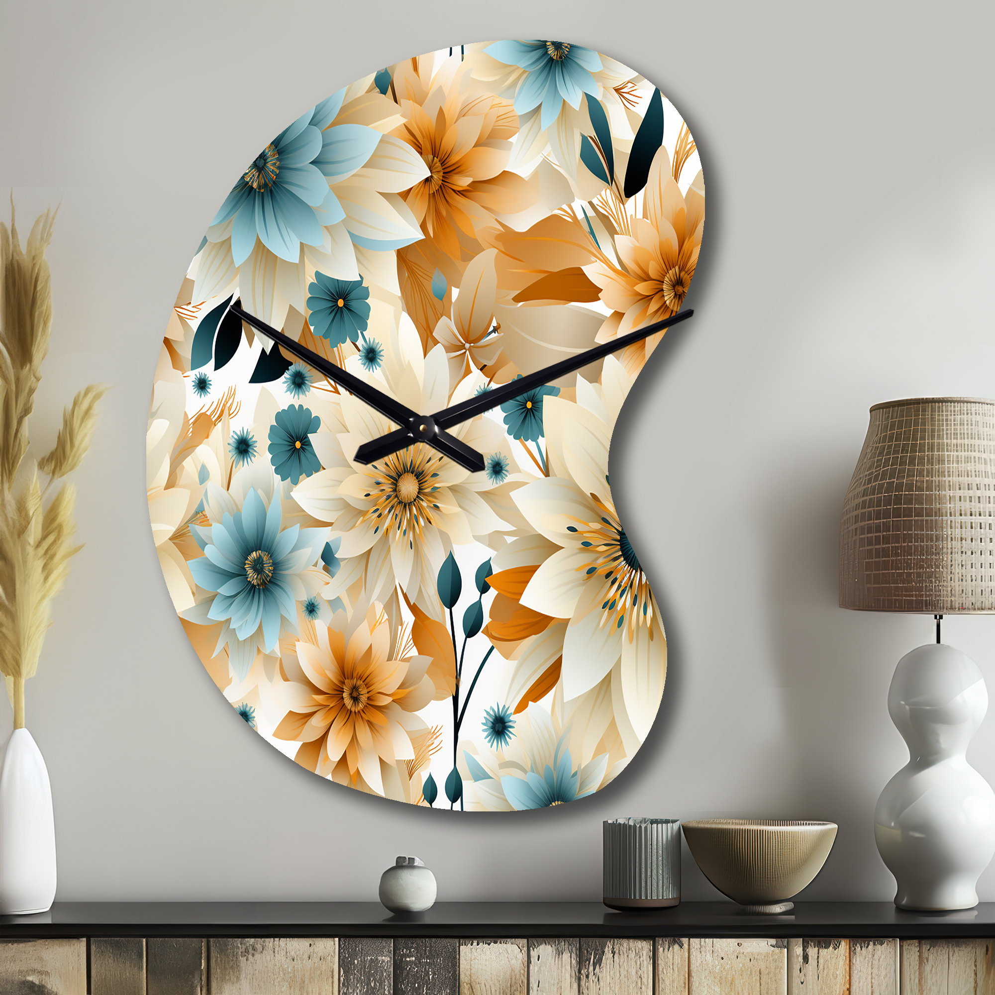 Design Art Blue And Beige Geometric Floral Fusion Elegance - Boom Shape ...
