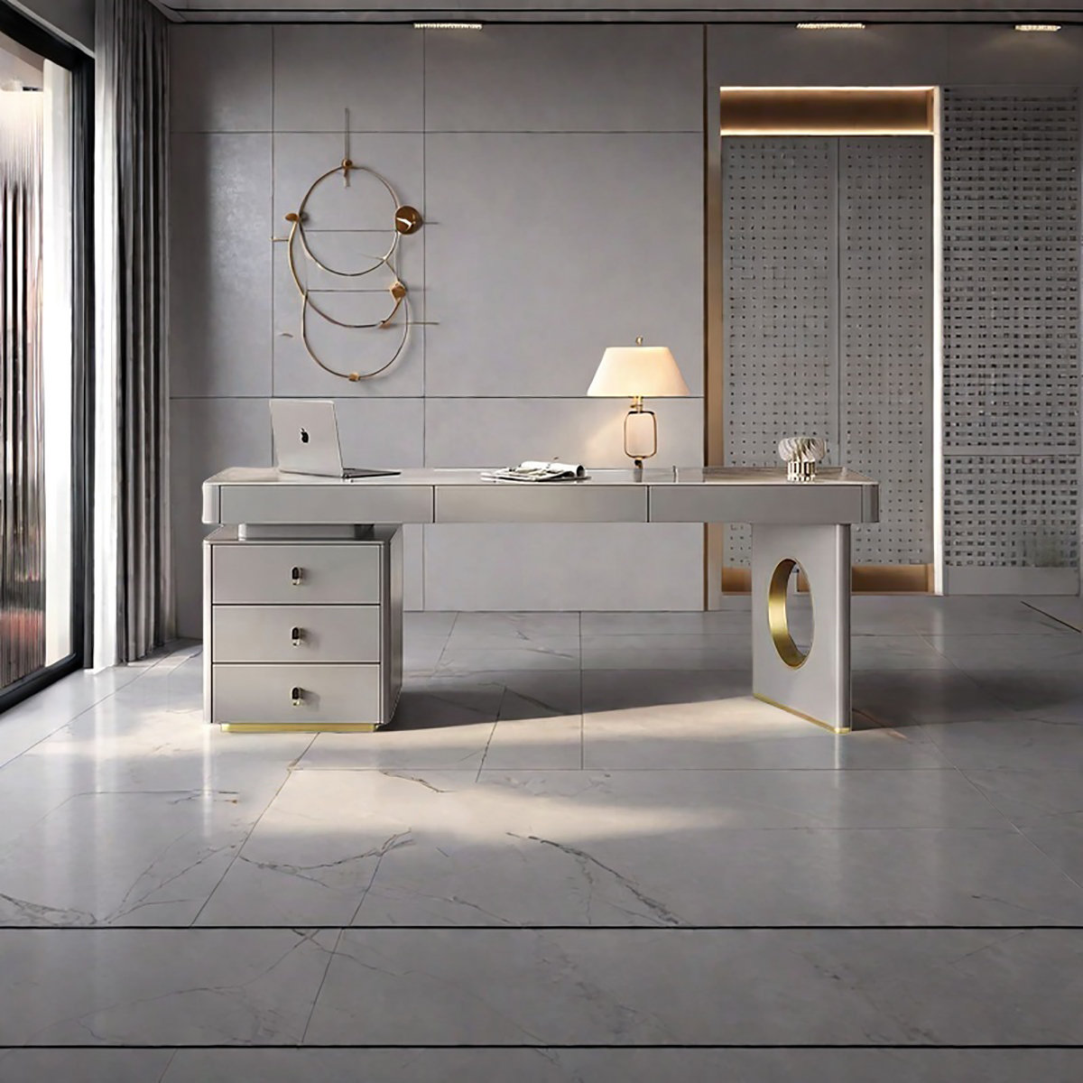 Coxambrey Rectangle White Sintered Stone Desktop Modern Desk | Wayfair