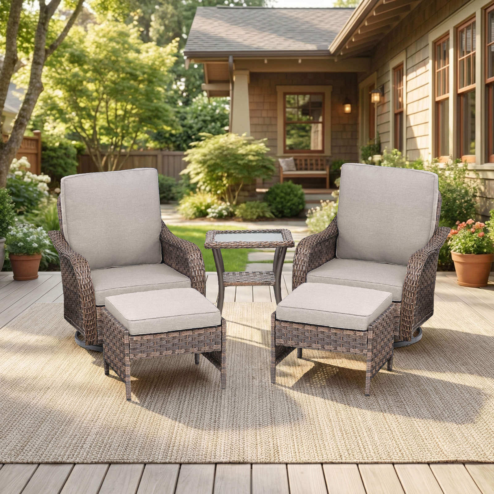Red Barrel Studio® Arley 5-Piece Outdoor Patio Wicker Swivel Chairs ...