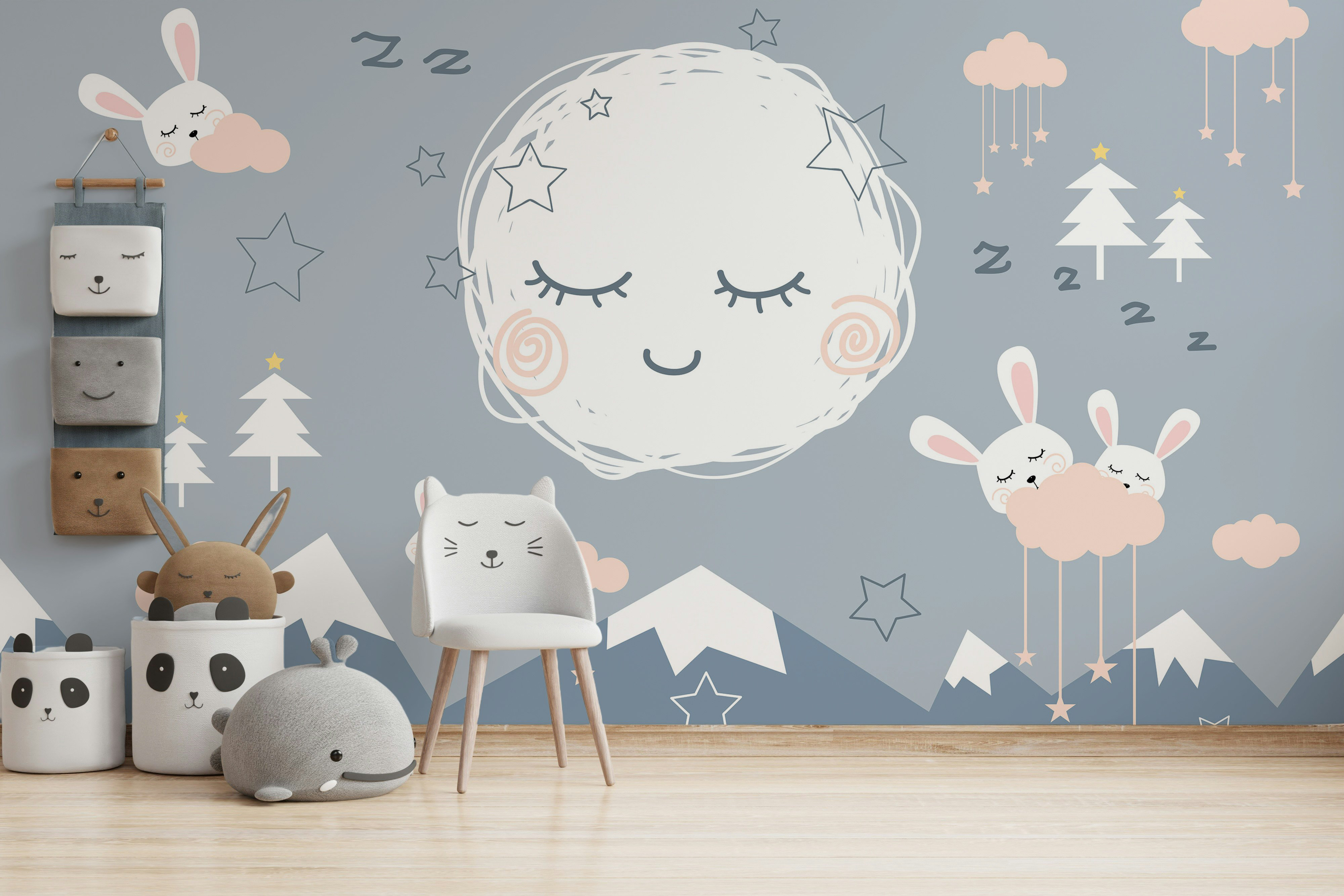 GK Wall Design Mountains Rabbits Clouds Stars Trees Sleeping Moon Fullmoon Removable Wallpaper ...