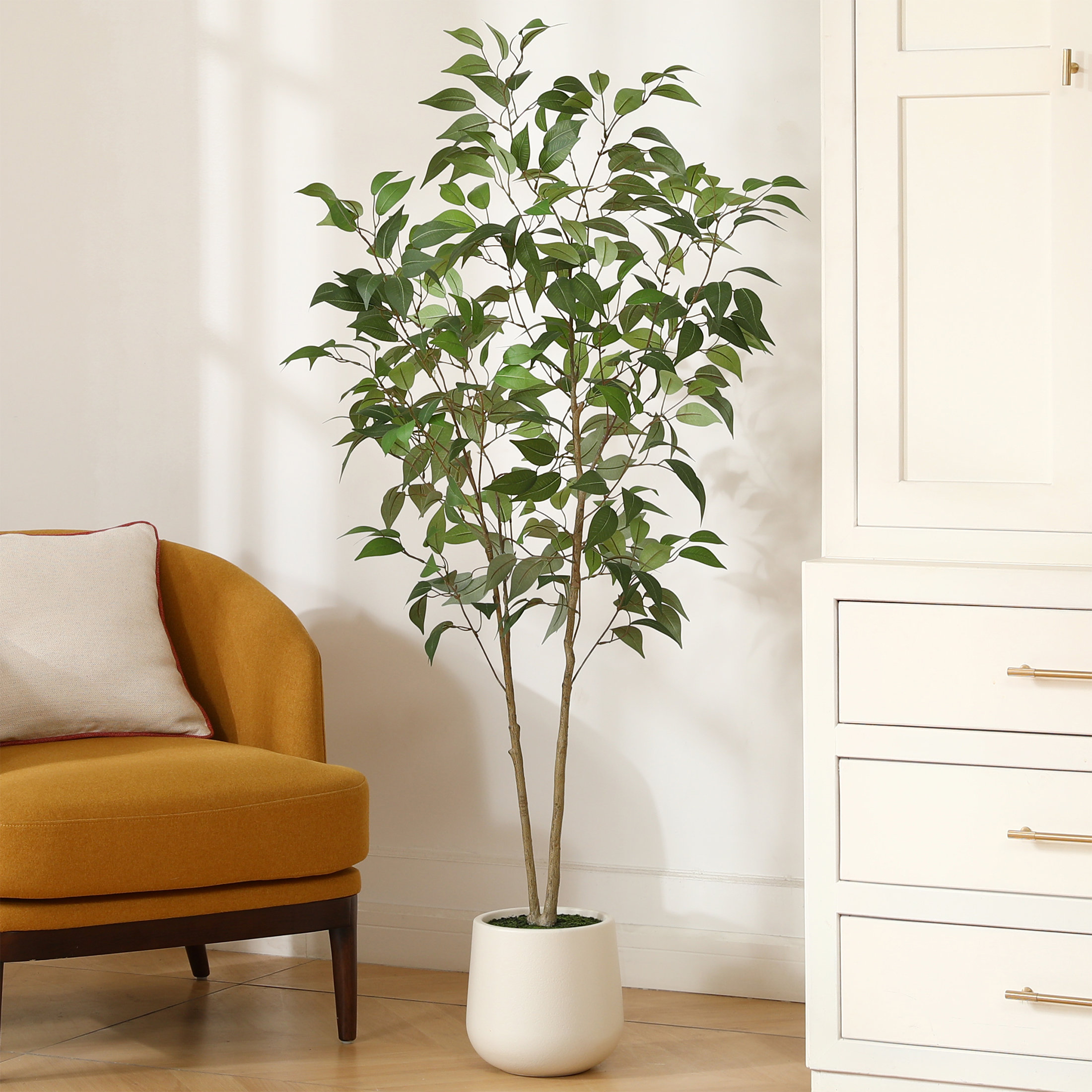 Primrue Adcock Faux Ficus Tree with Round White Planter, Pre Potted ...