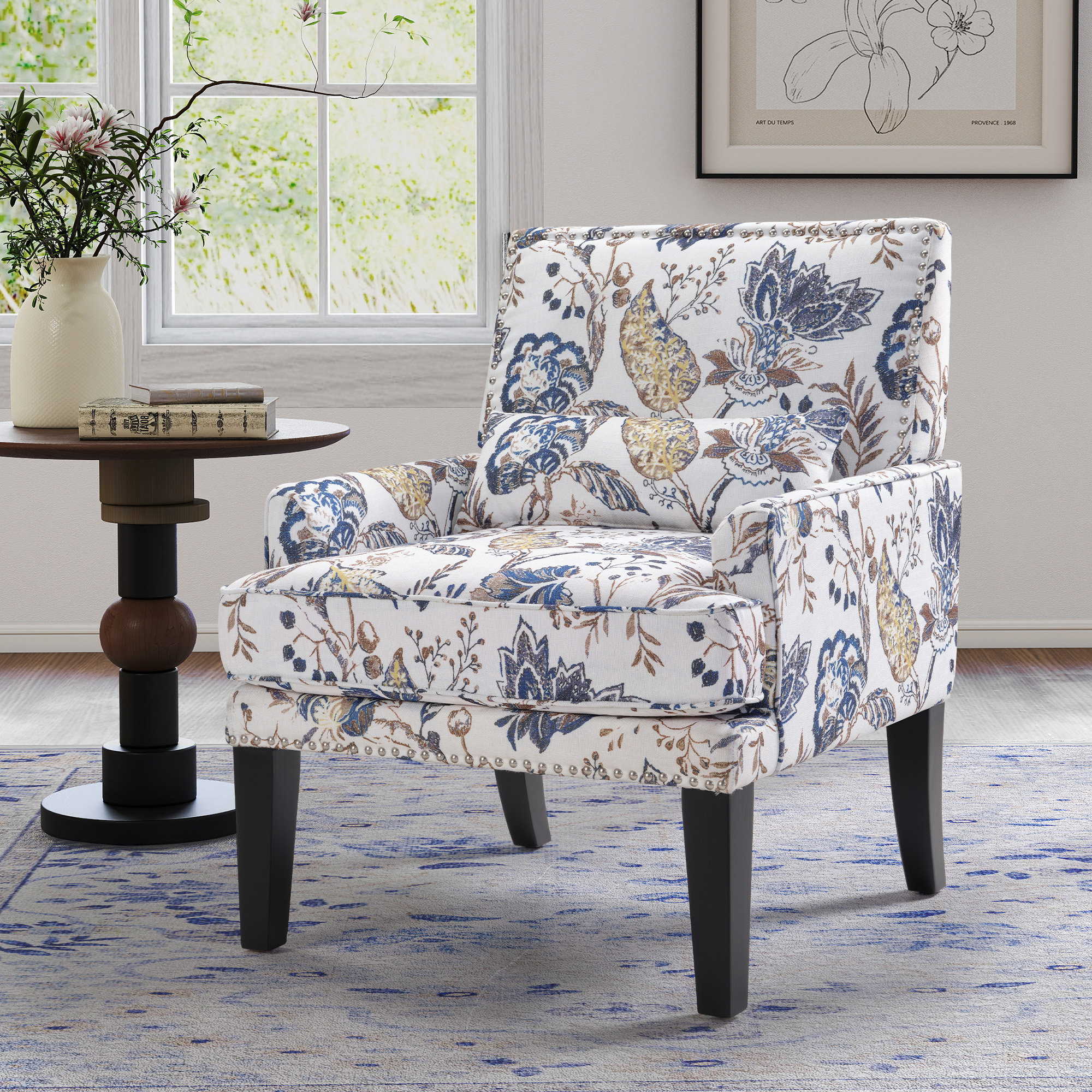 Winston Porter Marchan 28.7'' Wide Vintage Floral Soft Upholstered Fabric Armchair with Nailhead ...