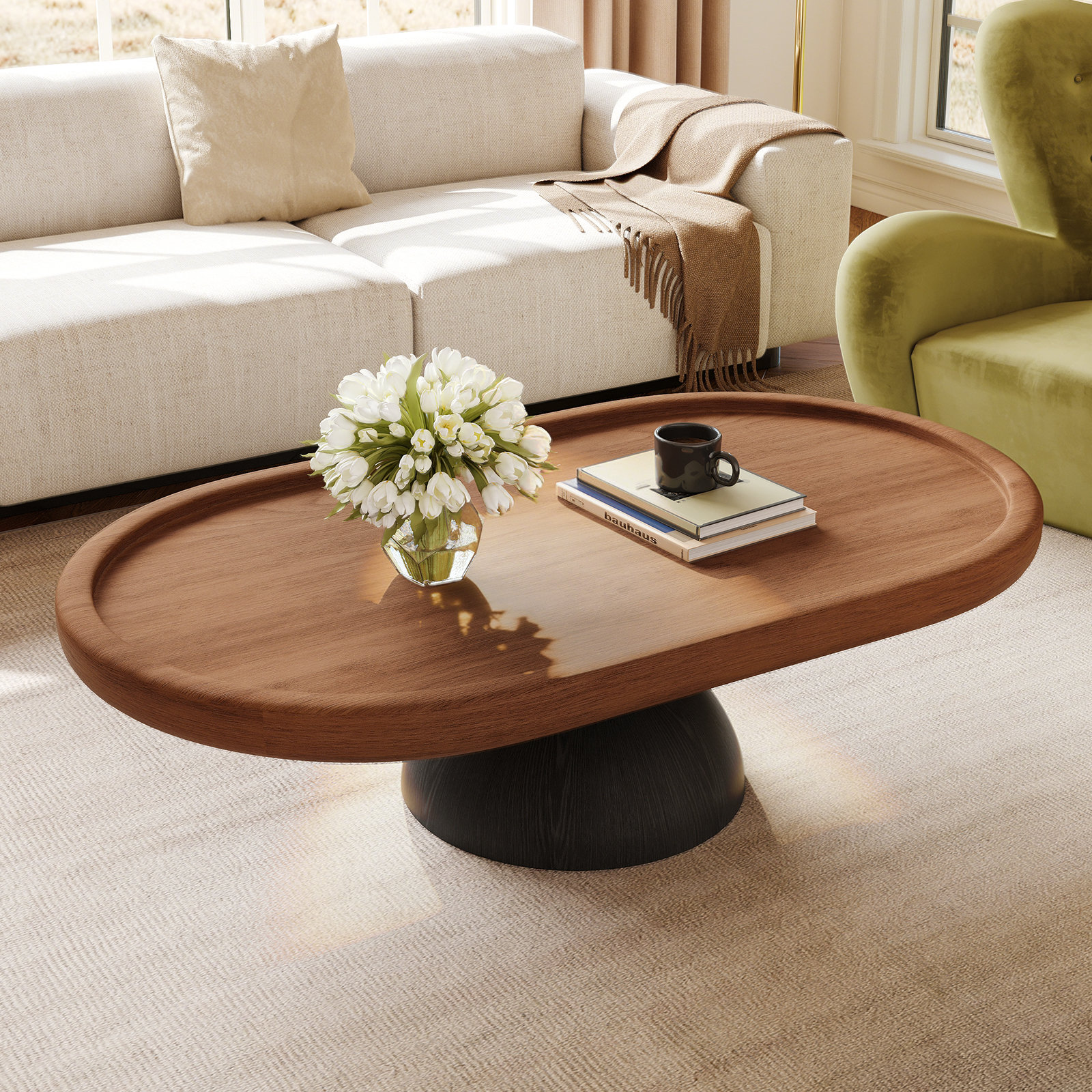 East Urban Home Sturdy Pedestal Base Oval Coffee Table For Living Room ...