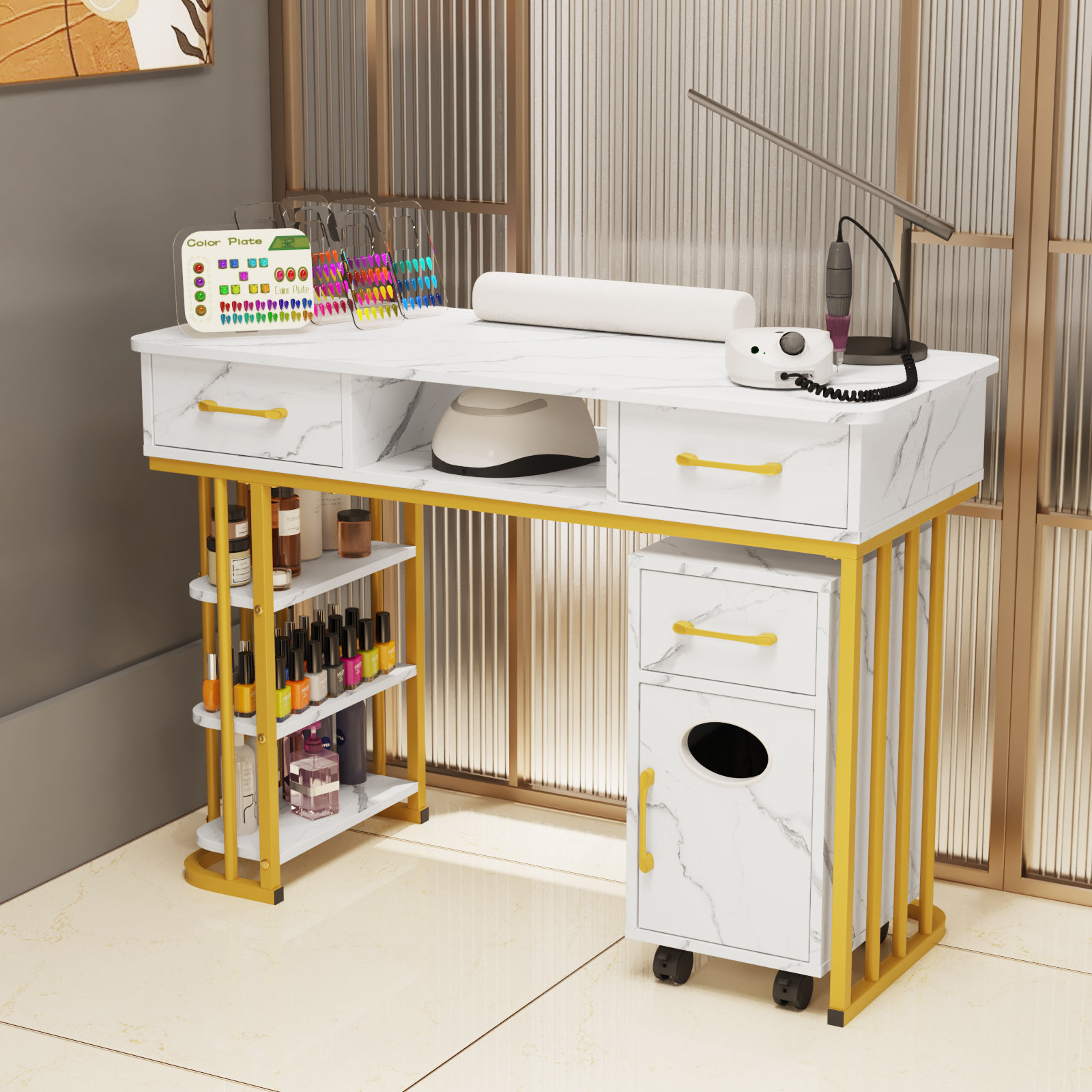 Advwin Manicure Table Nail Table Station with Wrist Cushion and Mobile ...
