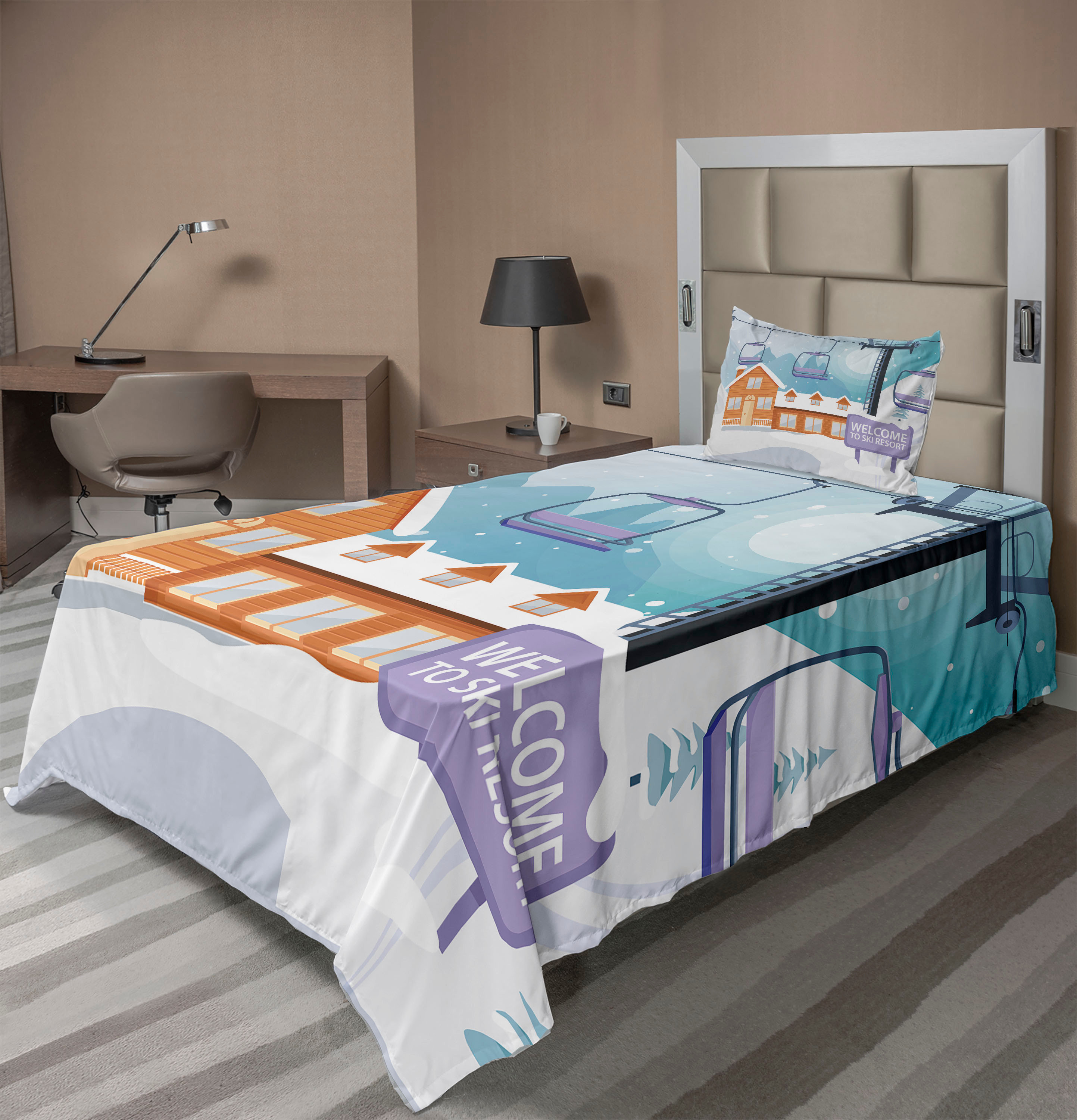 Ambesonne Skiing Sheet Set Rustic House Sportsmen Trees Deep Sky Blue ...