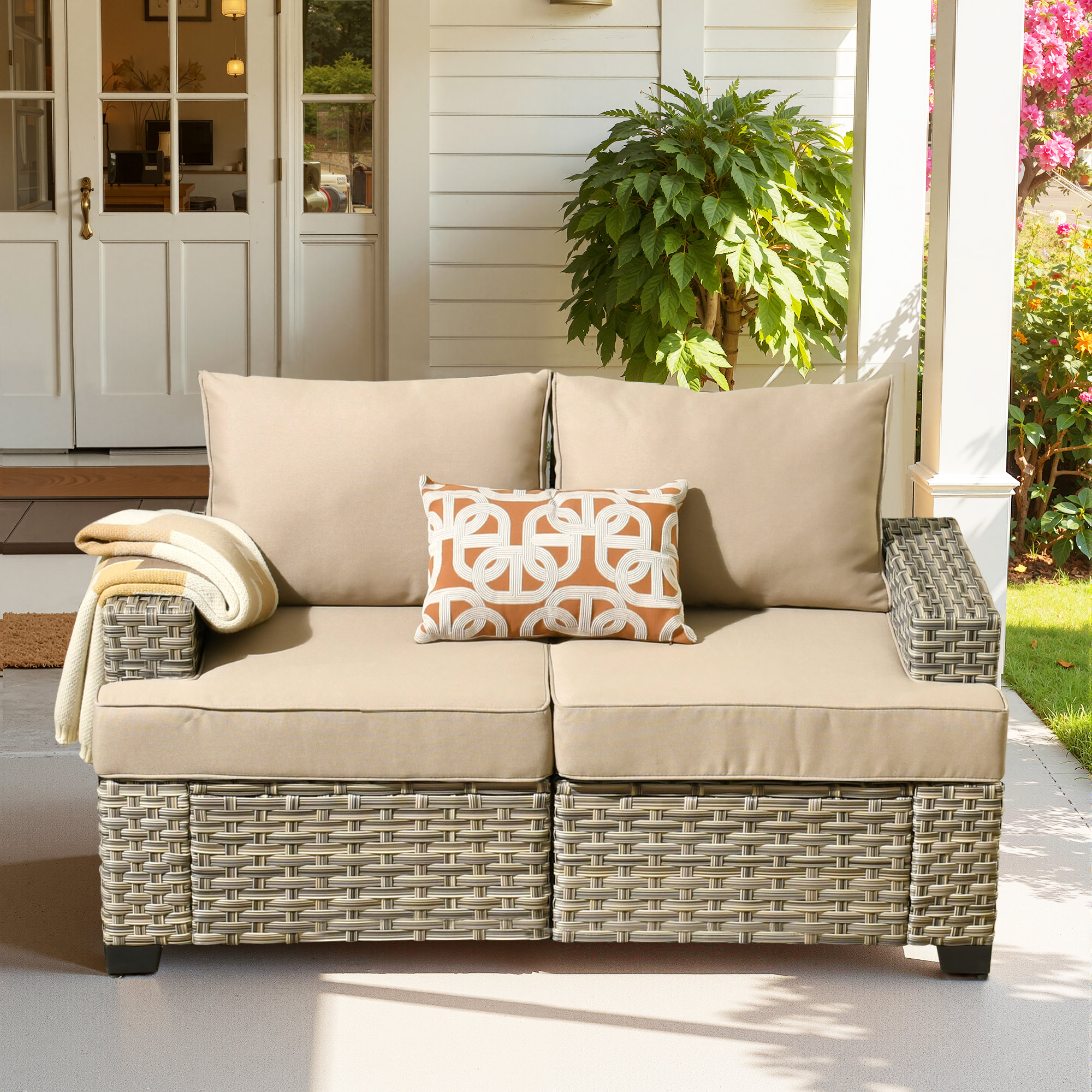 Ebern Designs Outdoor All-Weather Wicker Sectional Loveseat Sofa With ...