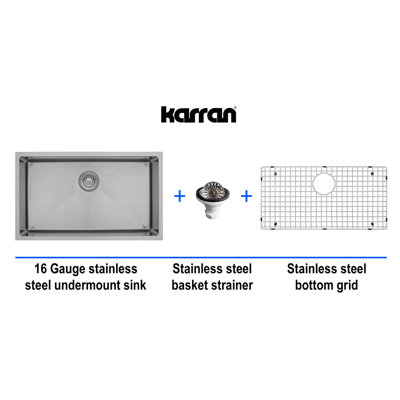 Karran Stainless Steel 30'' X 18'' Single Bowl Undermount Kitchen Sink ...