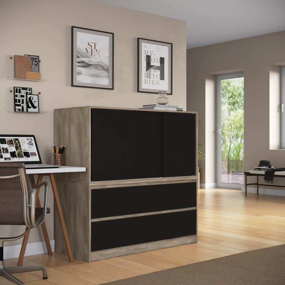 Latitude Run 120cm Height Oak with 3 Sliding Grey Door 4 Drawer Bedside ...