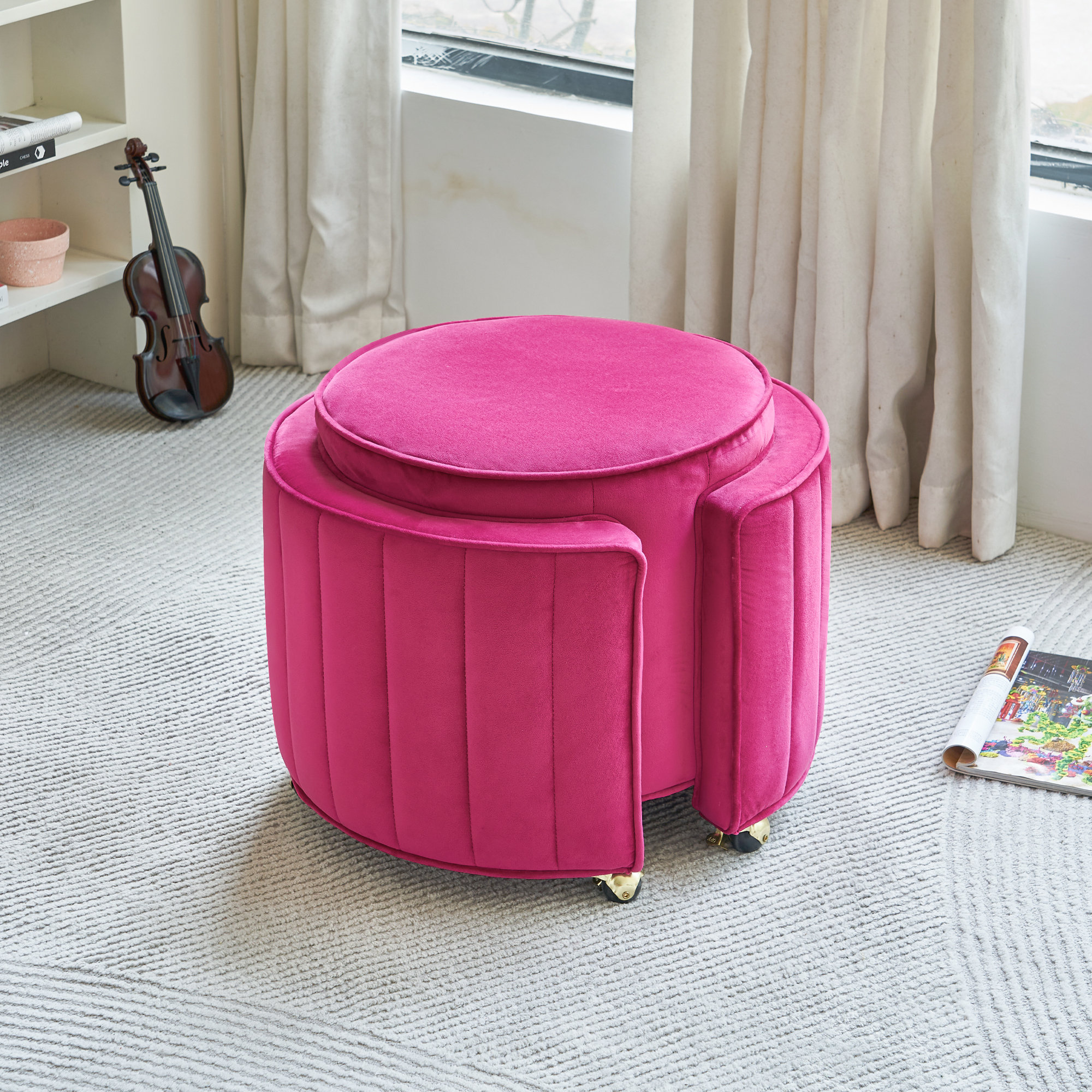 Mercer41 Upholstered Ottoman with Wheels ,Velvet Vanity Stool for ...