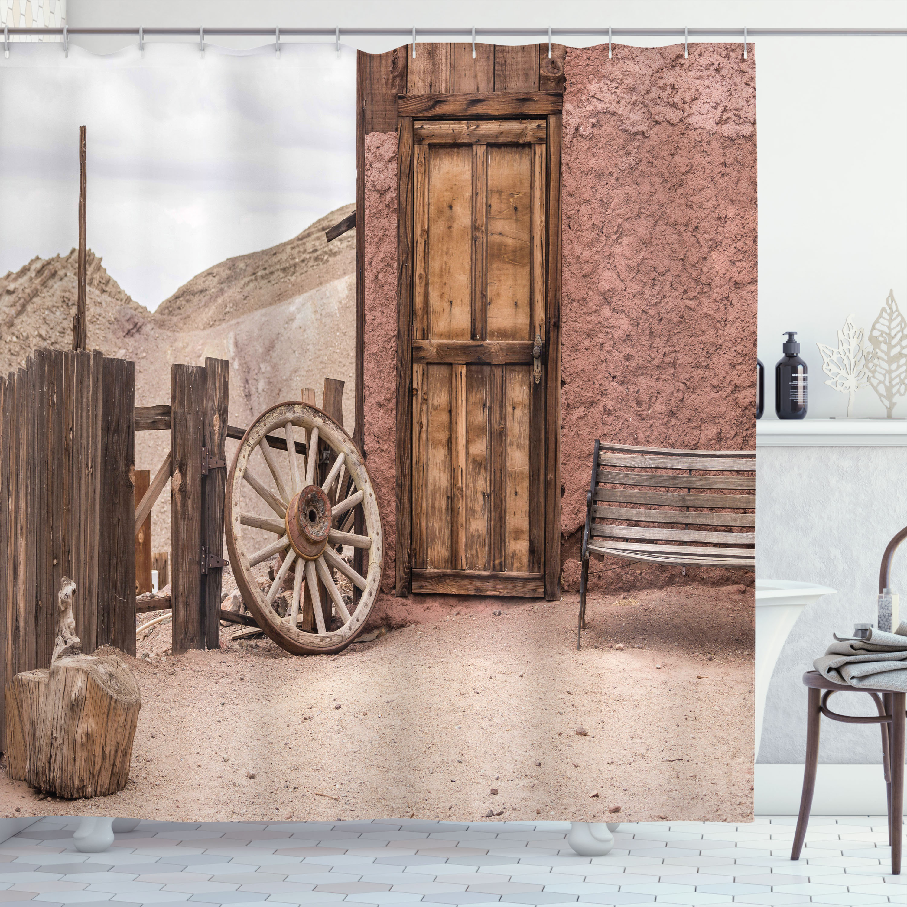 Ambesonne Barn Wood Wagon Wheel Shower Curtain Farmhouse Umber Pale ...