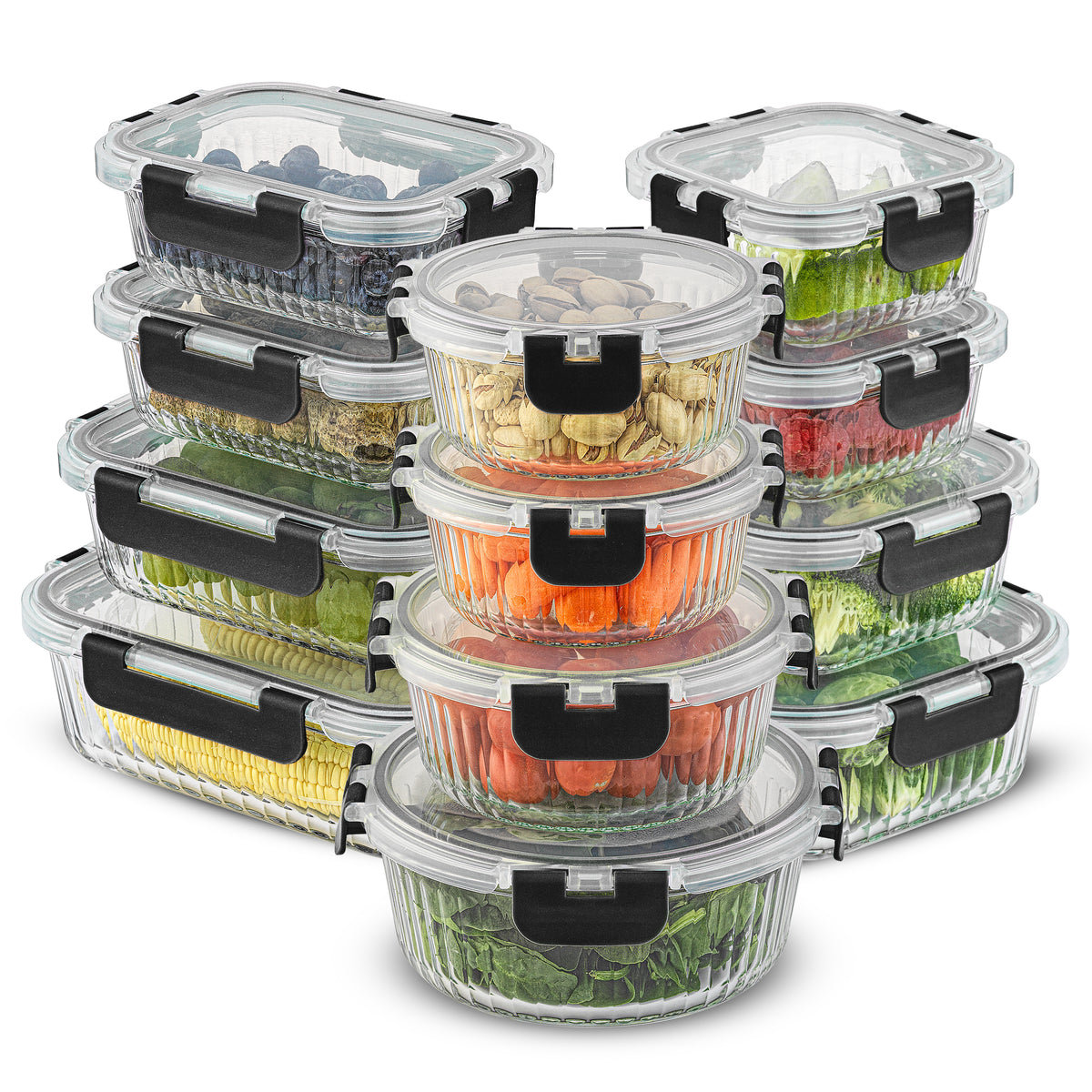 JoyJolt Fluted Glass Food Storage Containers with Leakproof Lids, Set ...