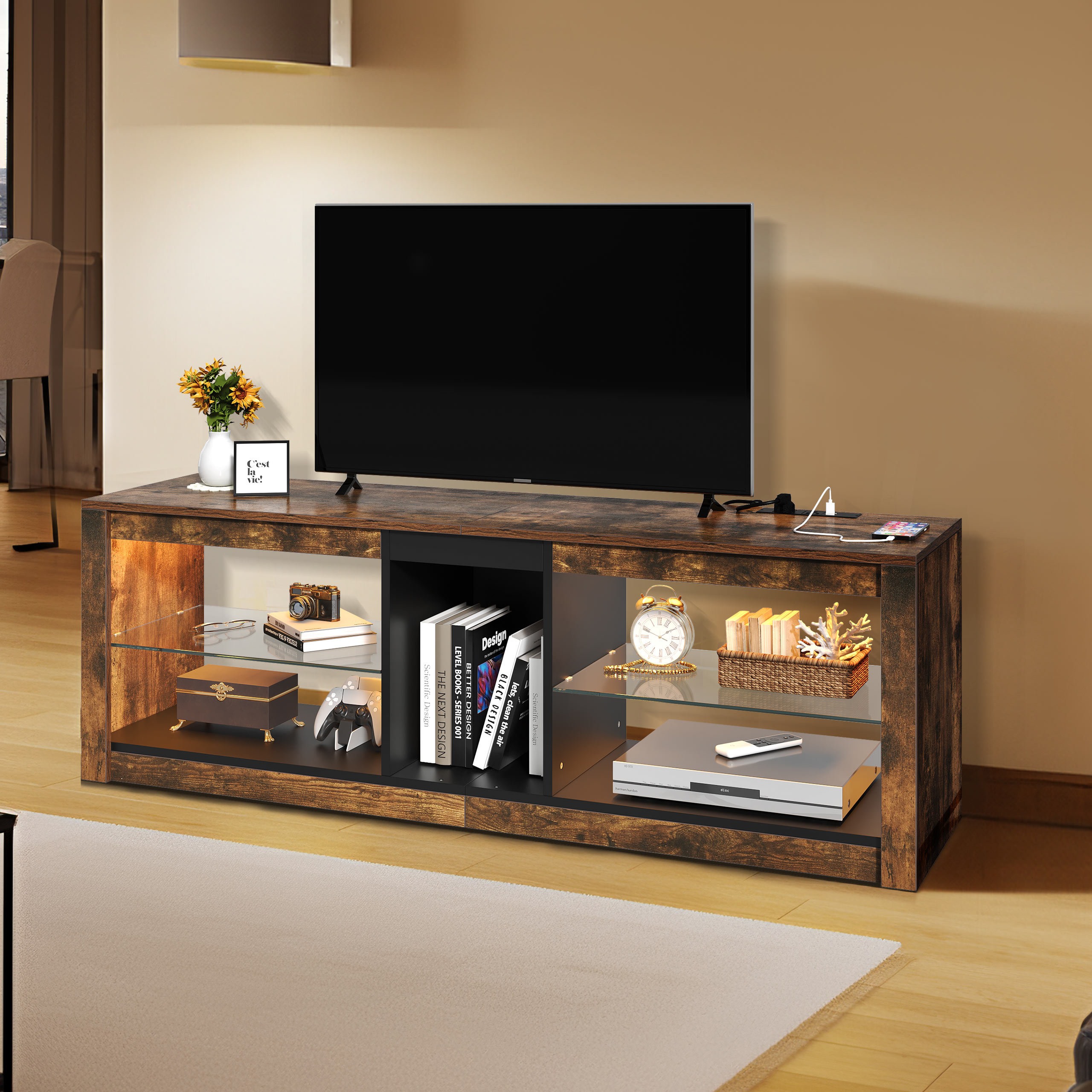 Wade Logan® Catey LED Rectangular TV Stand with Tempered Glass Shelves ...