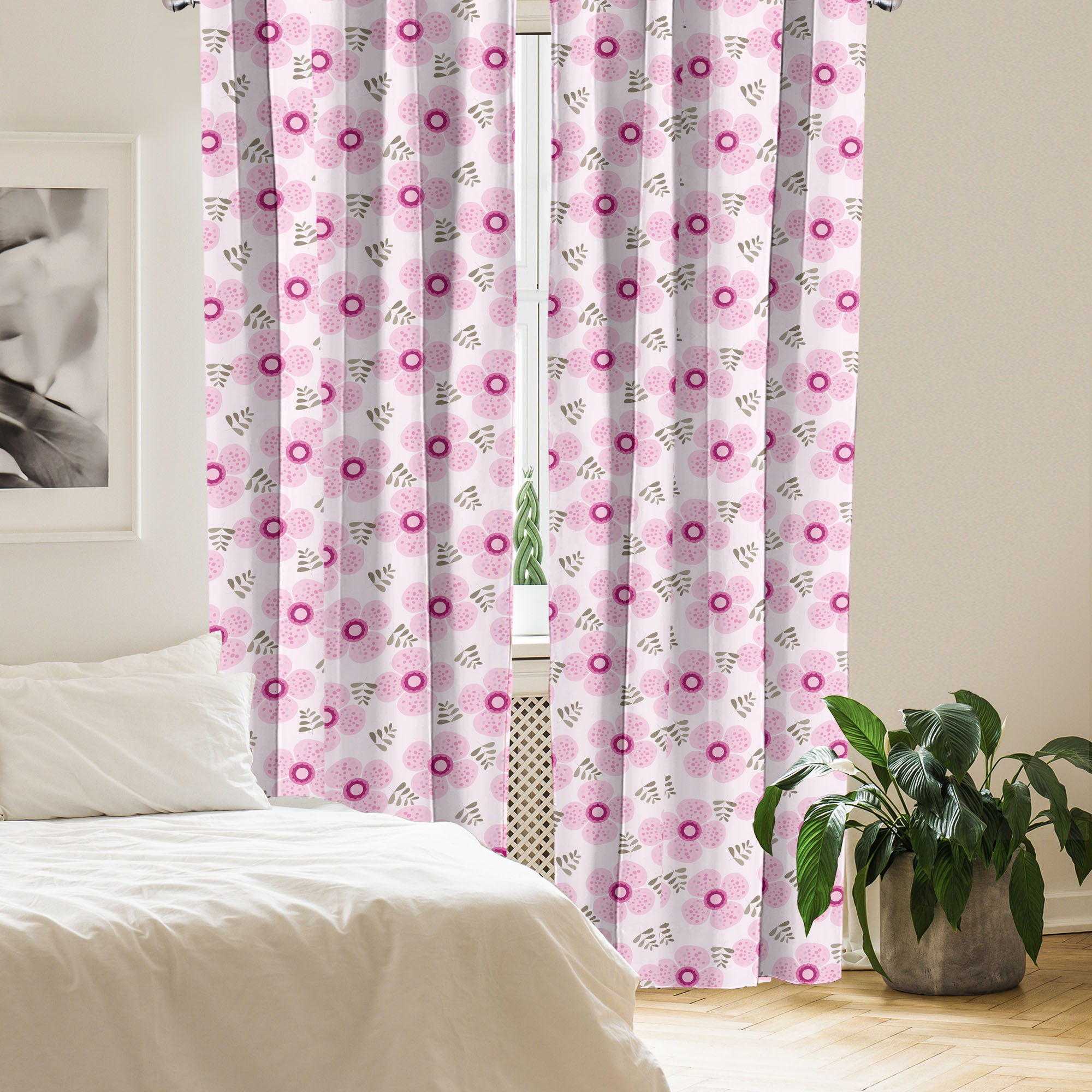 East Urban Home Floral 4-Panel Curtains, Pink Blossoms Dotted Petals ...