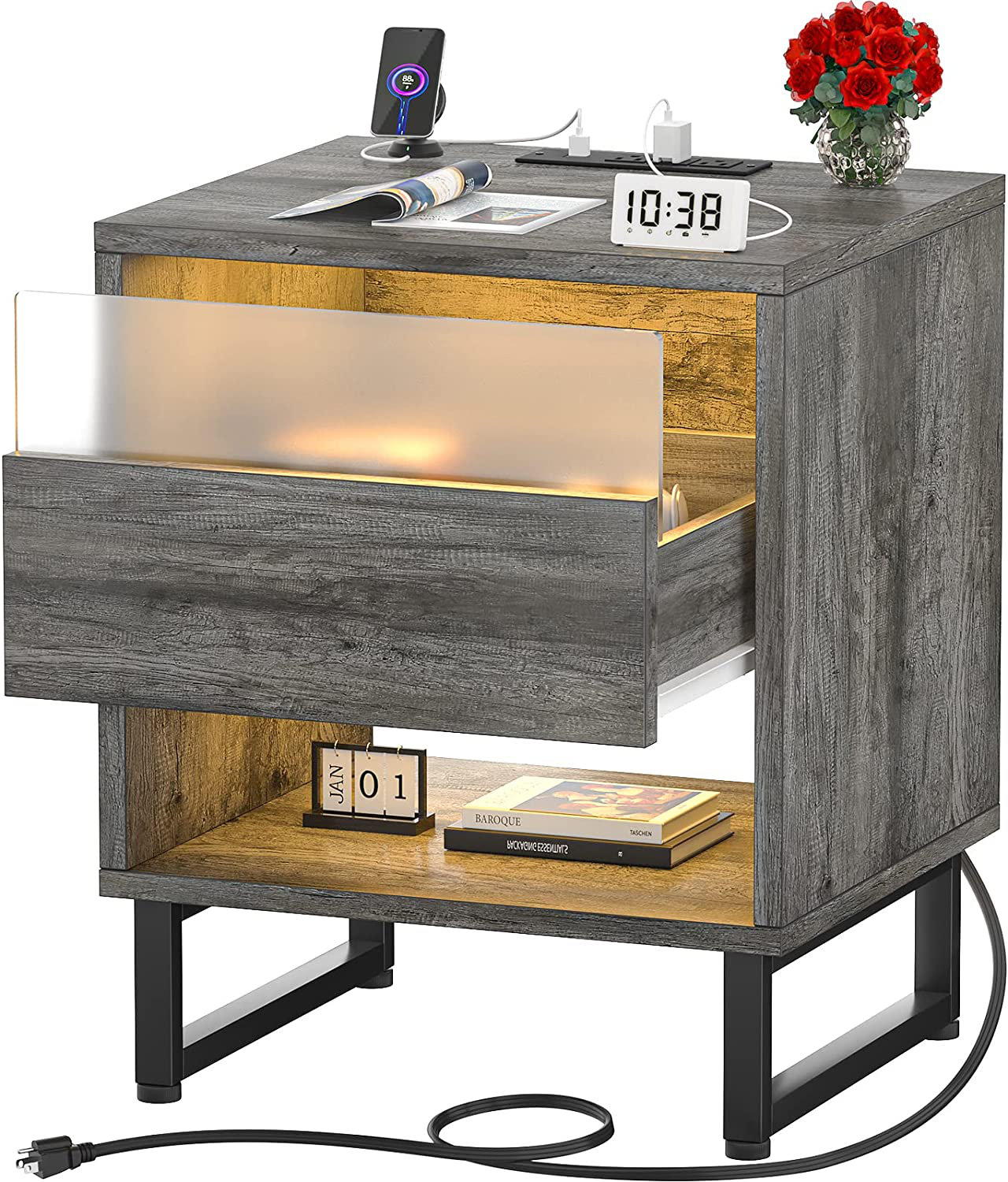 17 Stories Nightstand With Charging Station And LED Lights, Grey Night ...