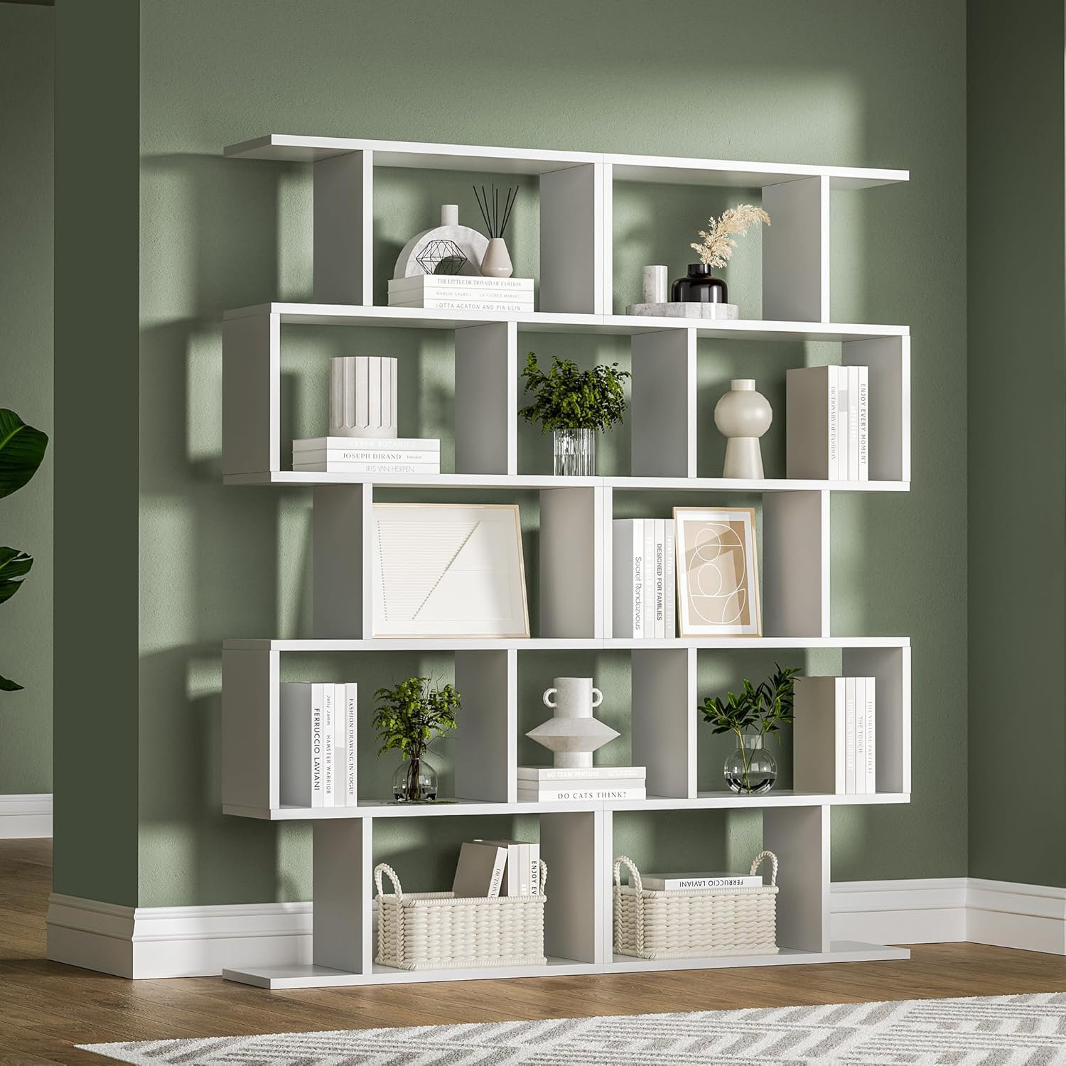 Latitude Run® White 5-Tier Geometric Bookcase, S-Shaped Modern ...