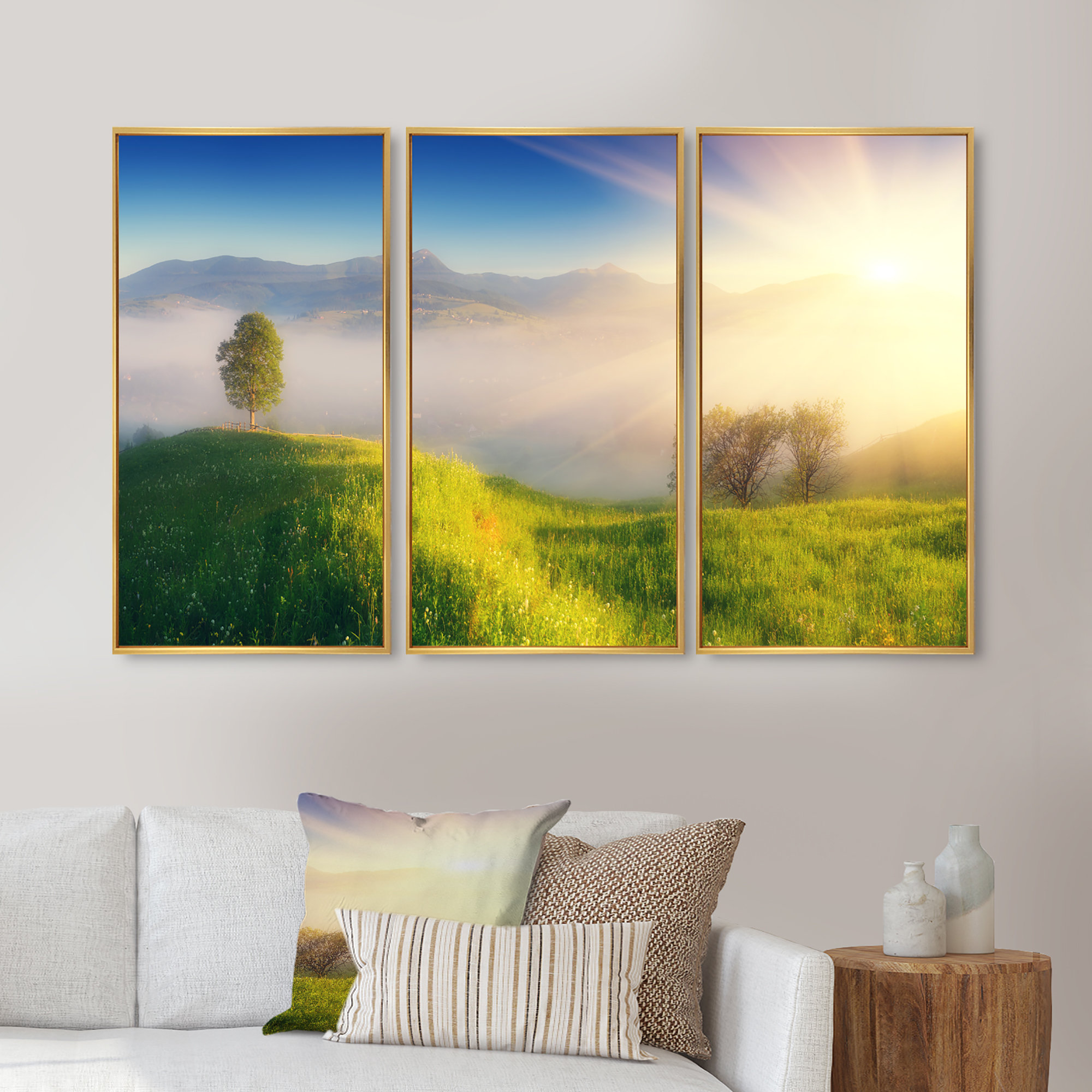 Ebern Designs Morning Mist Over Mountain Village " Morning Mist Over ...