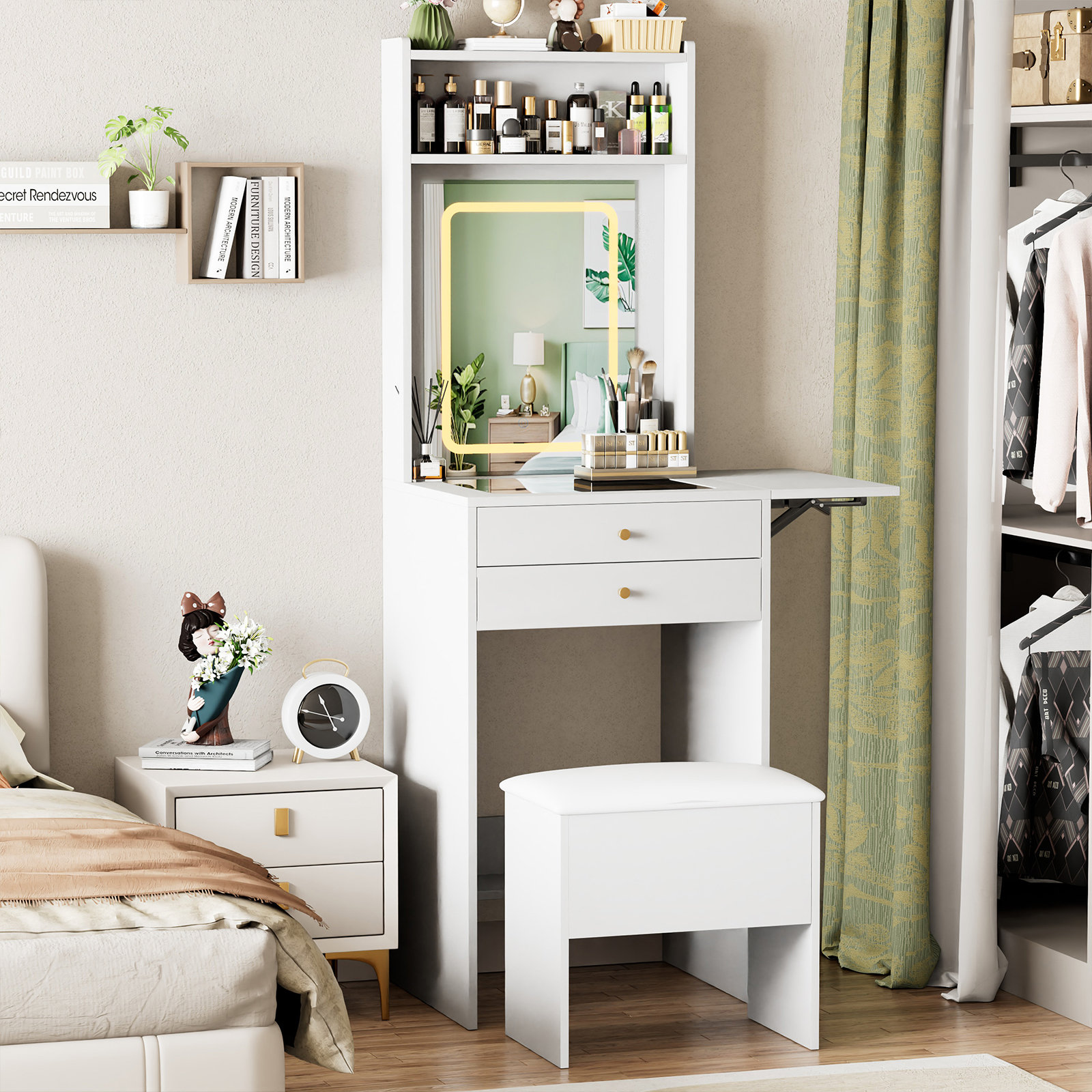 Wrought Studio™ Makeup Vanity Desk - 3 Adjustable LED Mirrors & Storage ...