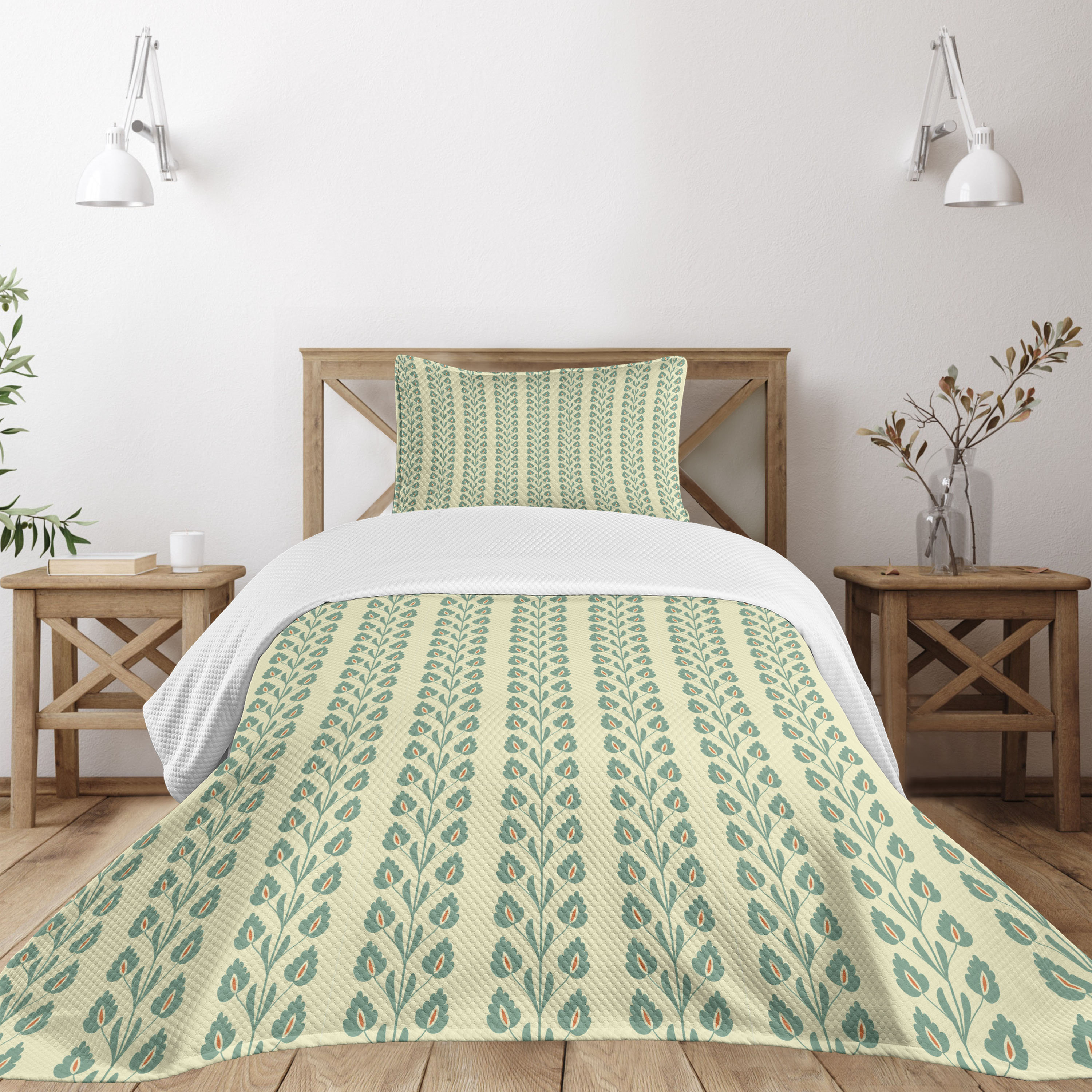 Ambesonne Floral Bedspread Set Graphic Flowers Branches Jade Green ...