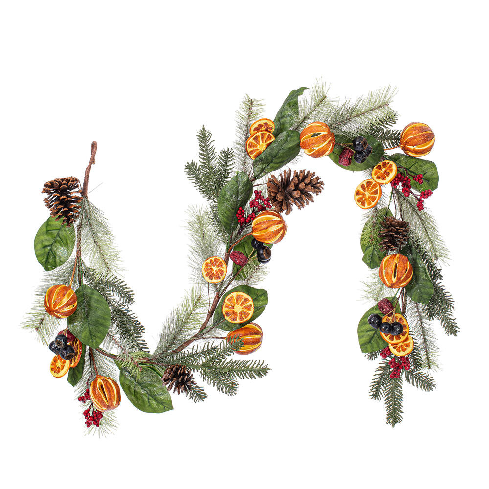 Primrue 6' Green Mixed Pine Foliage Orange/Berry Garland. | Birch Lane