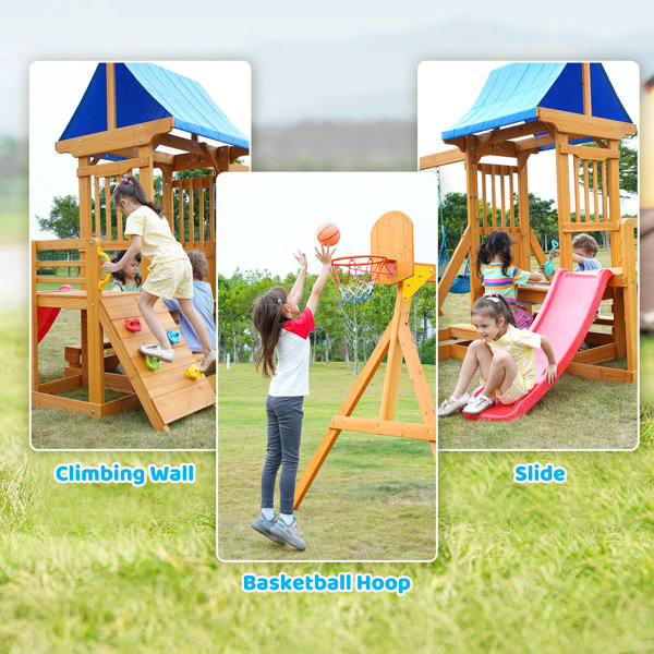 SuniBoxi Kids Swing Set: Wooden Playground, Wave Slide, Climbing Wall ...