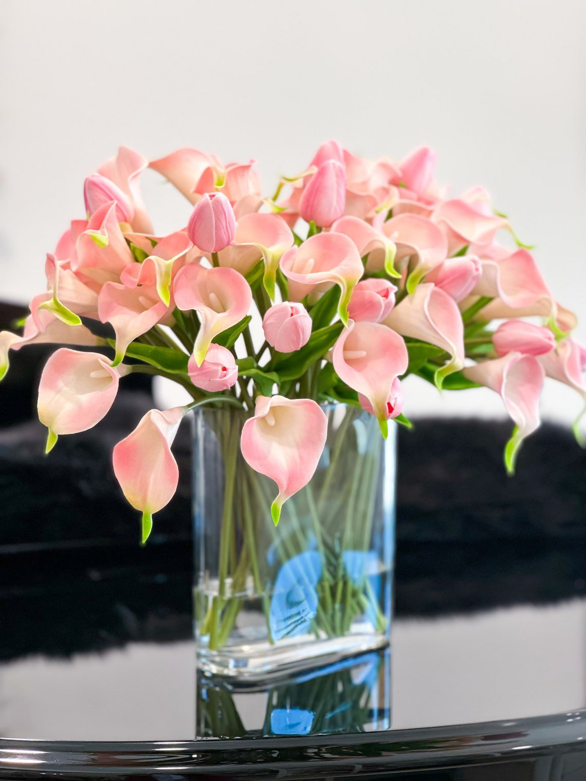 Flovery Pink Calla Lilies & Tulips Faux Floral Arrangement In Glass ...