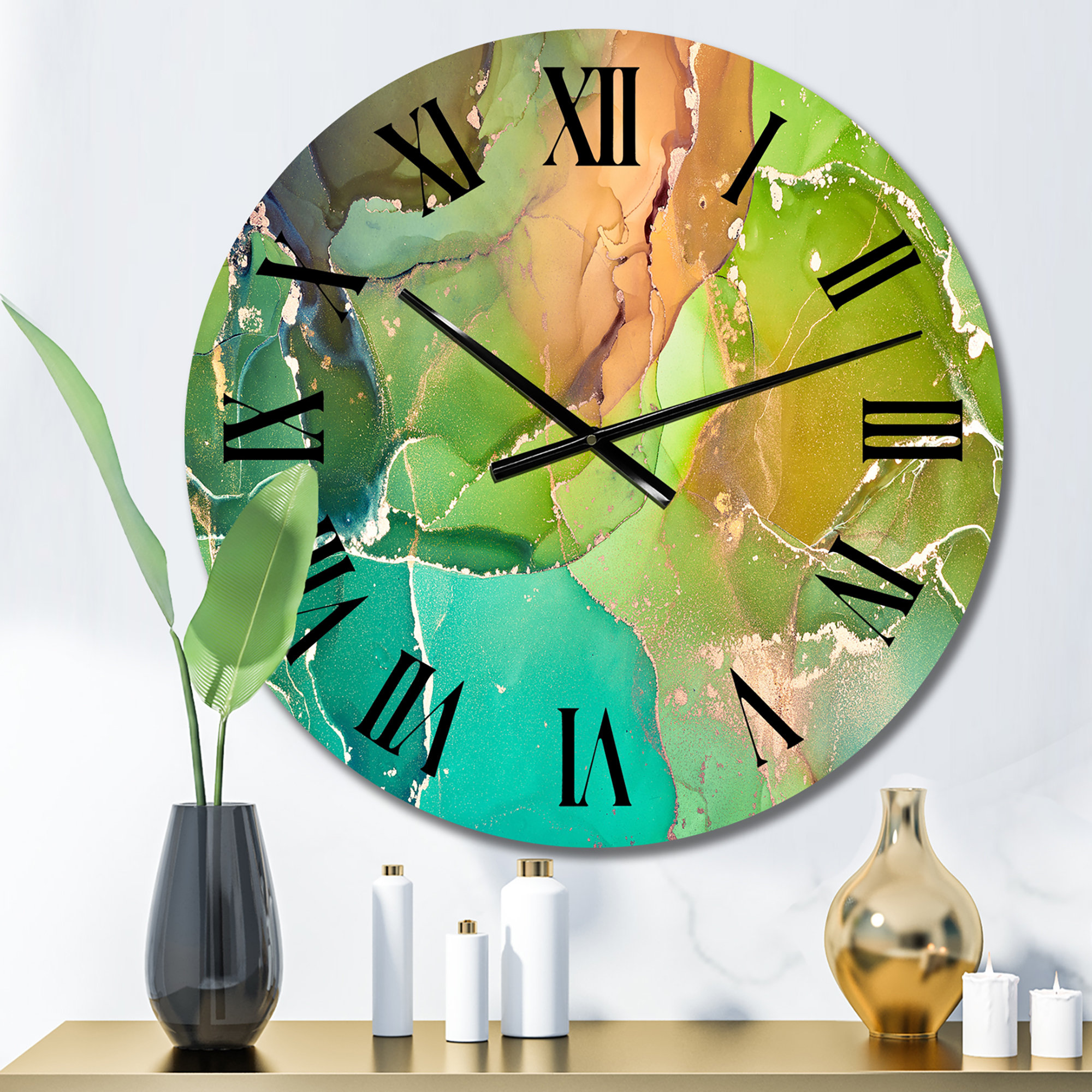 East Urban Home Green And Turquoise Abstract Marble - Modern Wall Clock ...