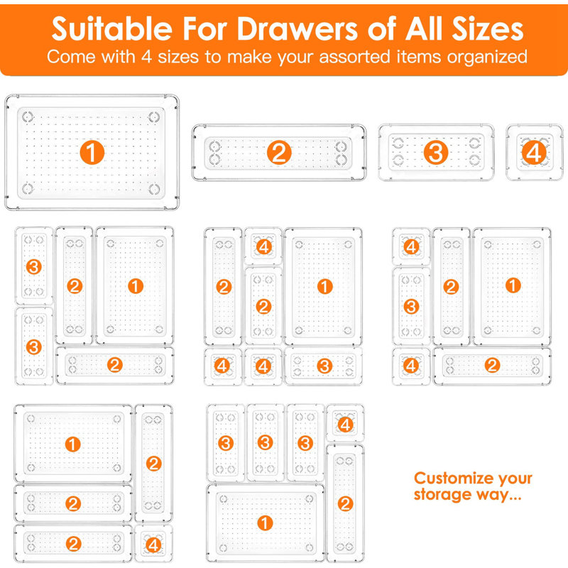 Rebrilliant 25Pcs Clear Plastic Drawer Organizers Set 4 Sizes Desk ...