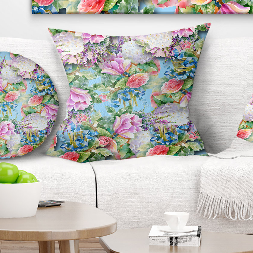 Design Art Pink Flower Pattern on Blue - Floral Printed Pillow | Wayfair