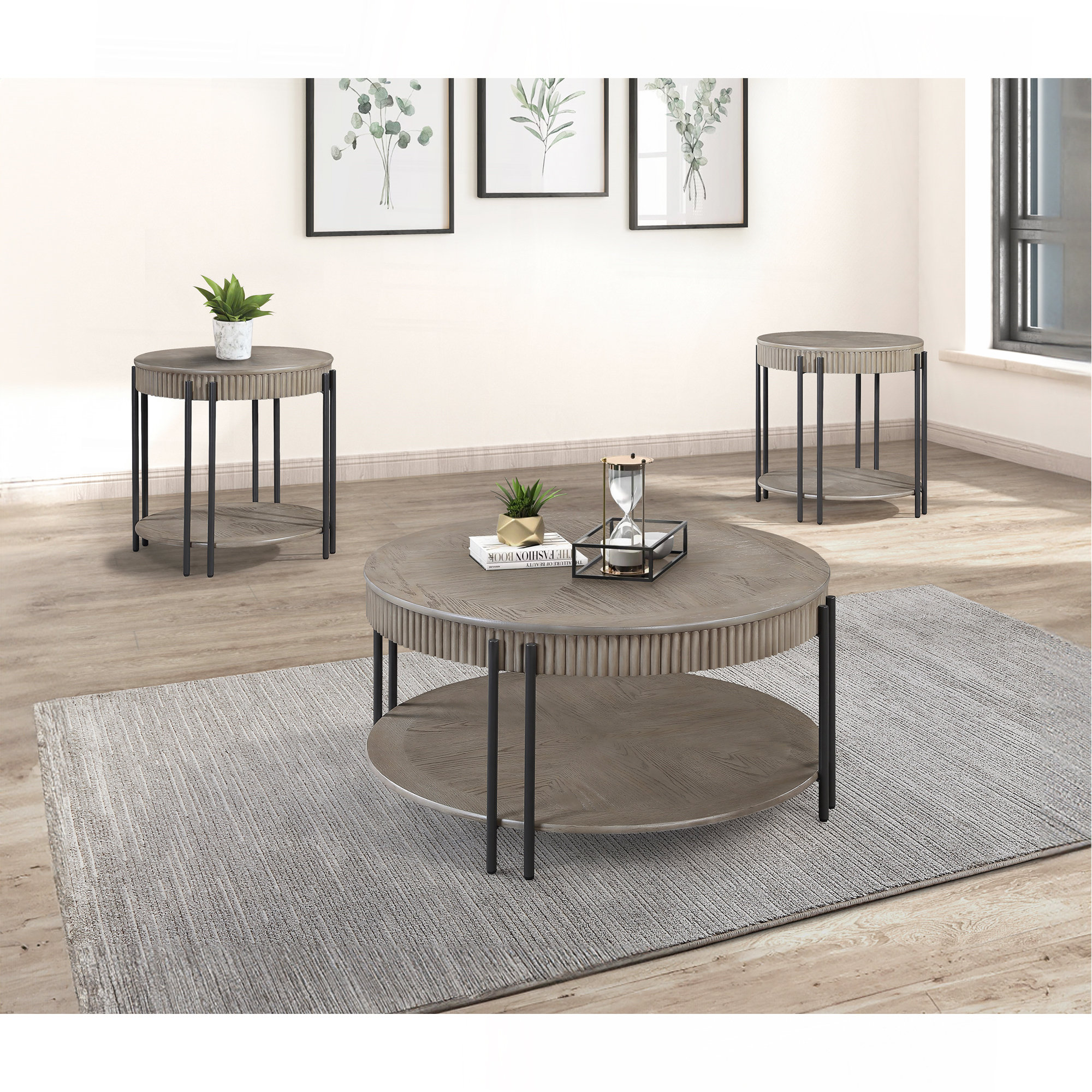 17 Stories 3Pc Contemporary Round Table And Two Table With Storage ...