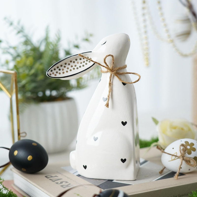 August Grove 2Pcs Tabletop Ceramic White Rabbit Statue Figurine ...