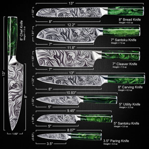 Senken Knives 8-Piece 'Wasabi' Japanese Kitchen Knife Set With Engraved ...
