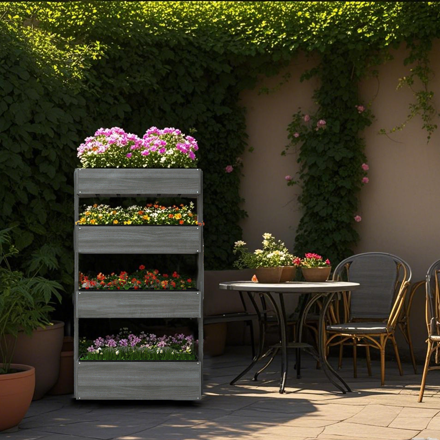 Gracie Oaks Wooden Elevated Garden Bed, Self-Draining Vertical 4-Storey Wooden Flowerpot Box ...