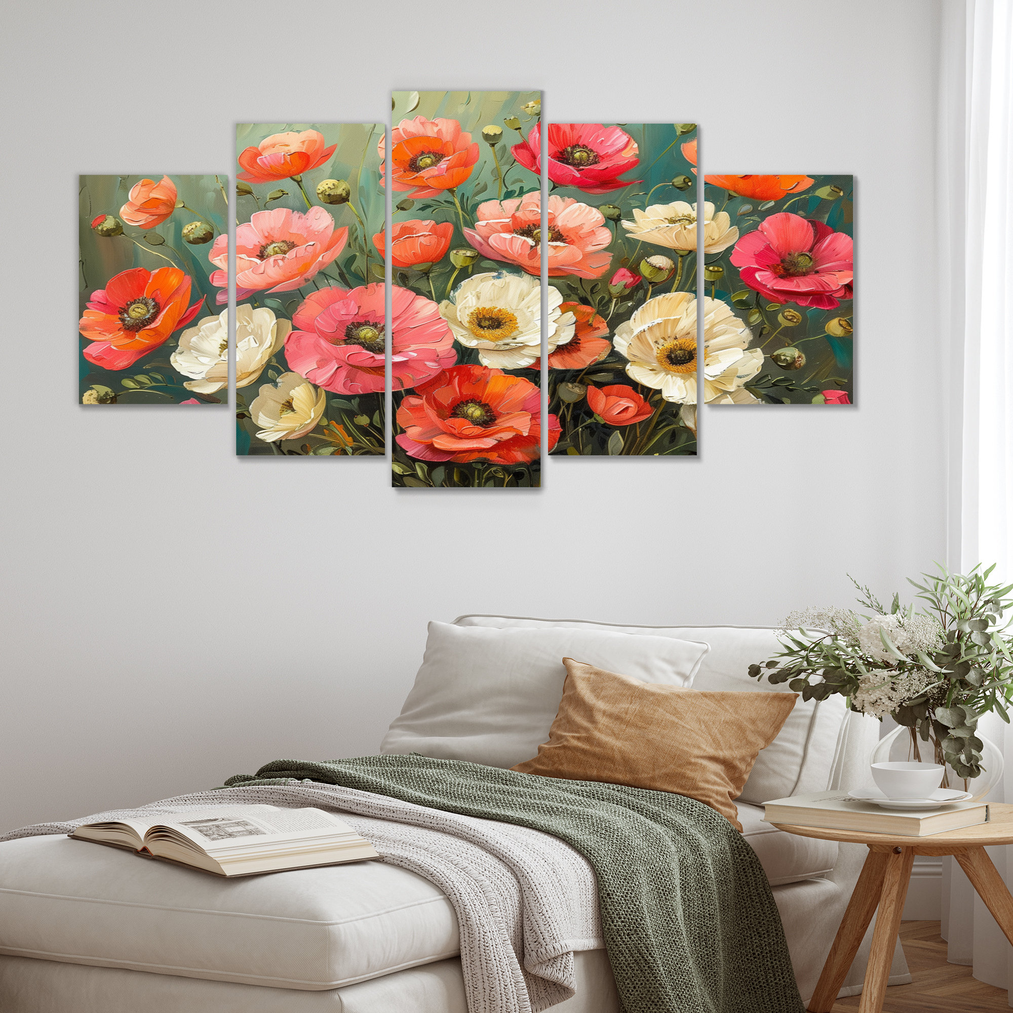 Design Art Pink White Poppies Radiant Bouquet - Poppies Wall Art Living ...