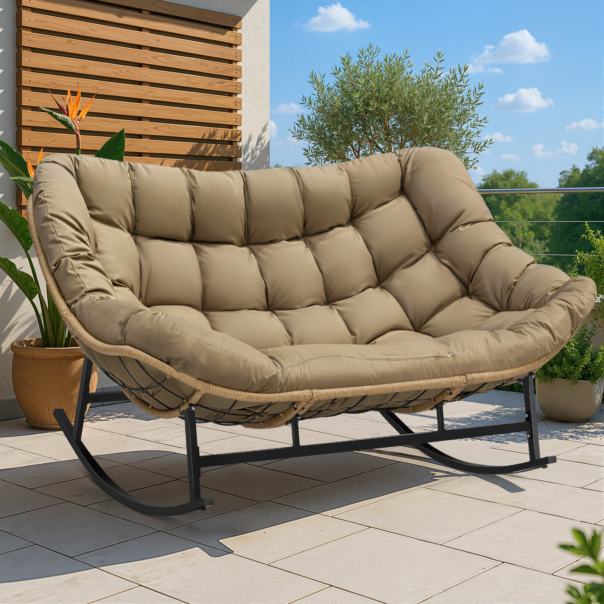 George Oliver Oversized 2-Person PE Wicker Outdoor Rocking Chair ...