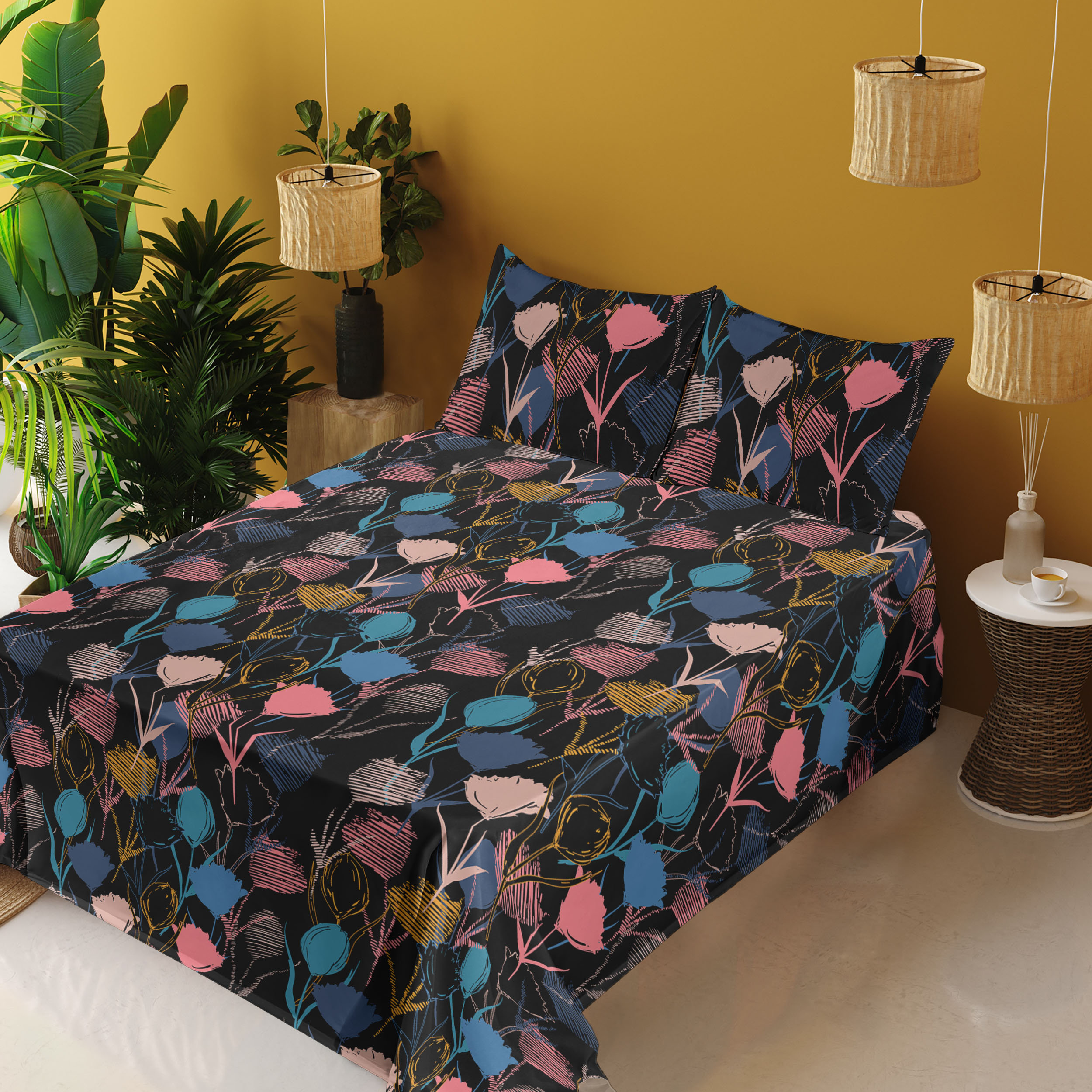 Ambesonne Floral Design Sheet Set Art Silhouette Flower Pastel Pink Sea ...