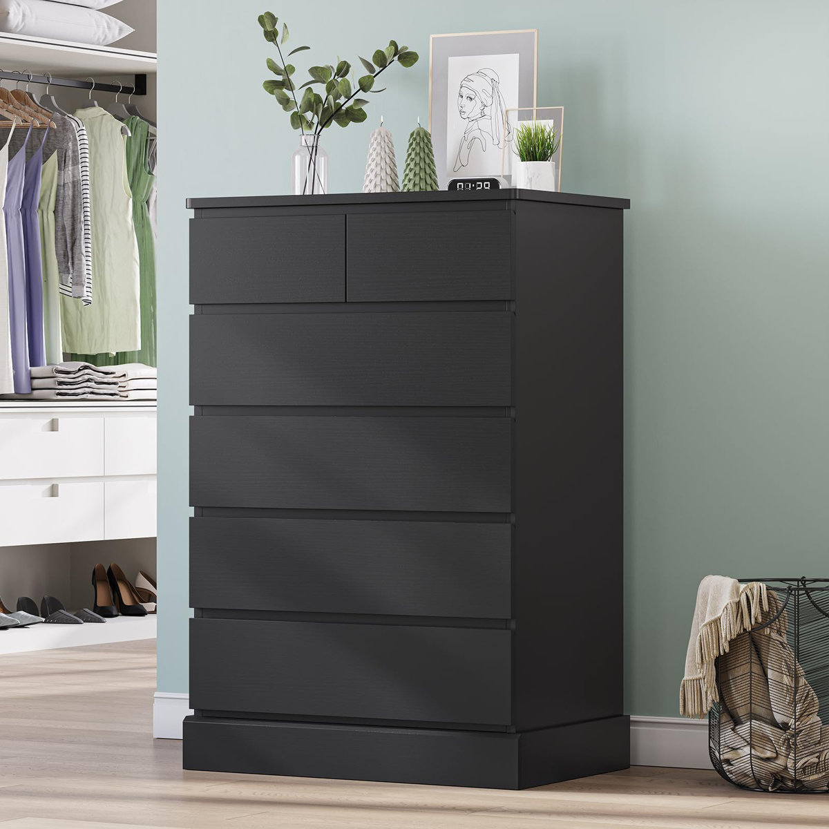 Ebern Designs Black Tall Dresser With 6 Drawers, 43.9 Inch Tall Dresser ...