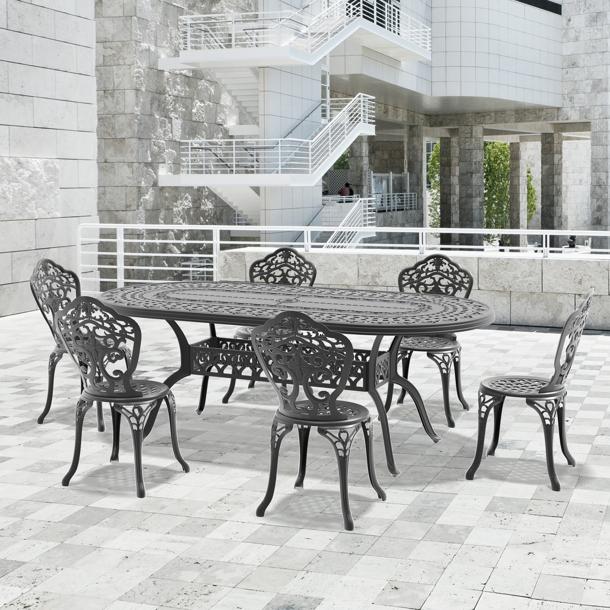 Bloomsbury Market 7-Piece Oval Table Outdoor Cast Aluminum Dining Set ...