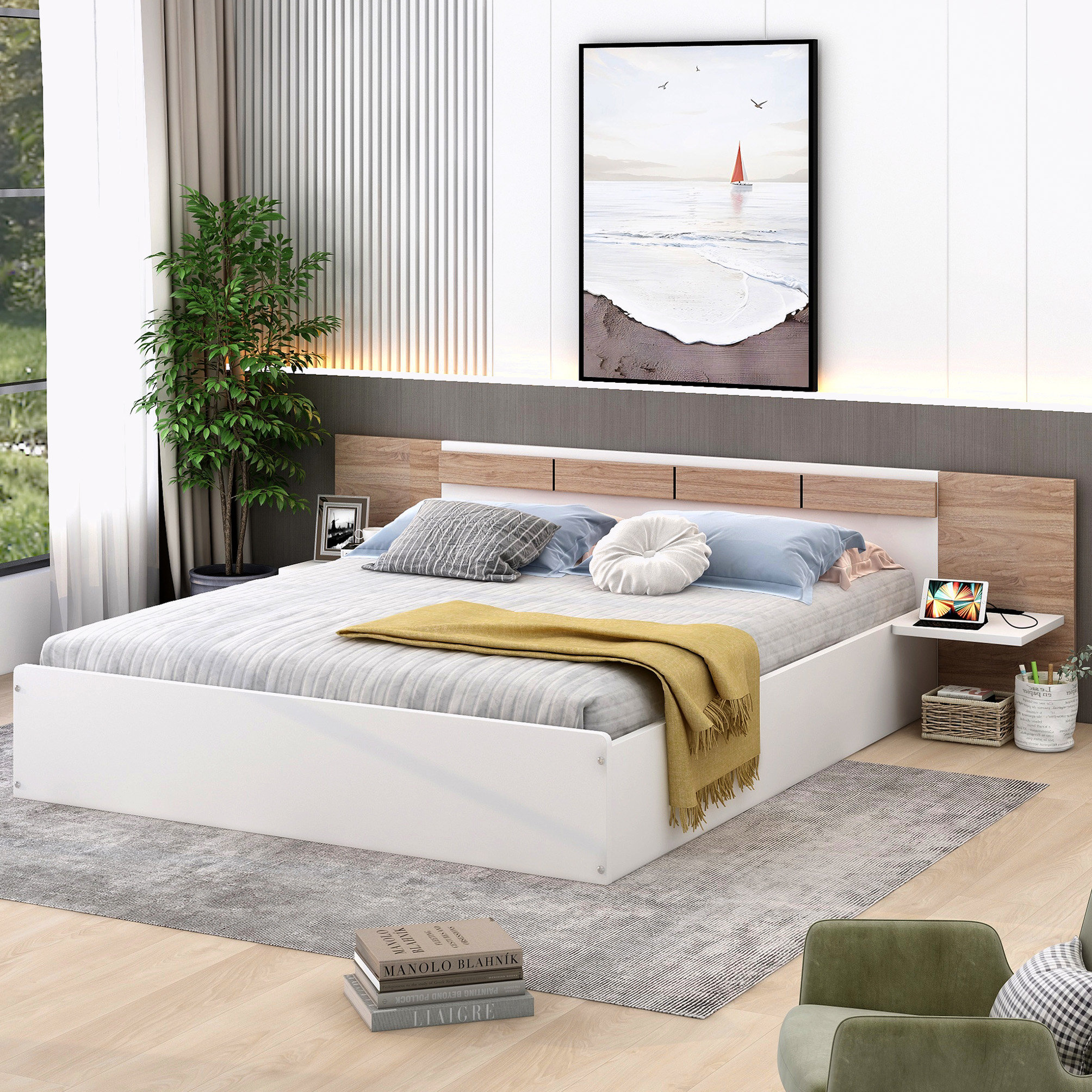 Latitude Run® Wood Bed with Headboard, Shelves, USB Ports and Sockets ...