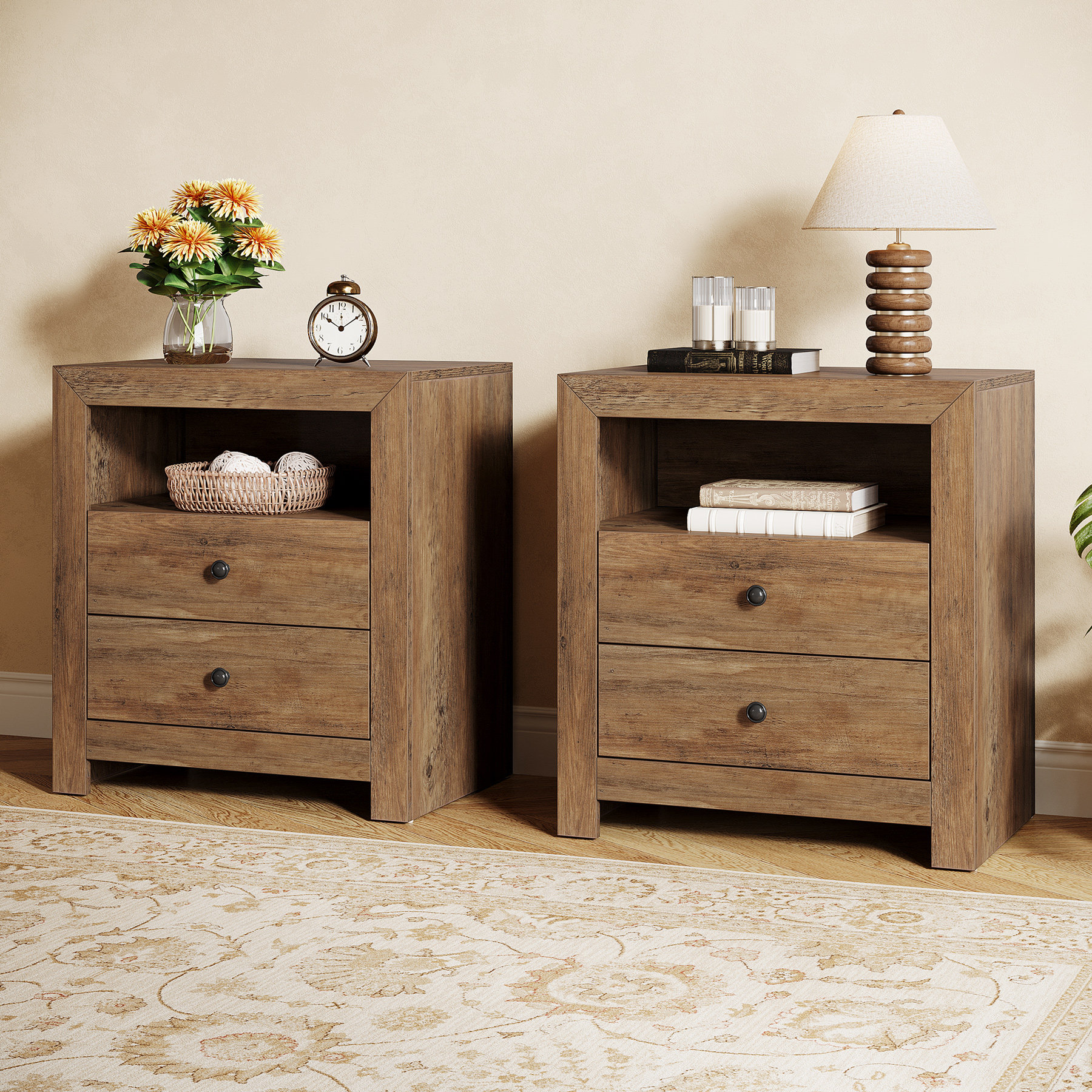 Ophelia & Co. Farmhouse Nightstand with Storage Drawers, Bedside Table ...